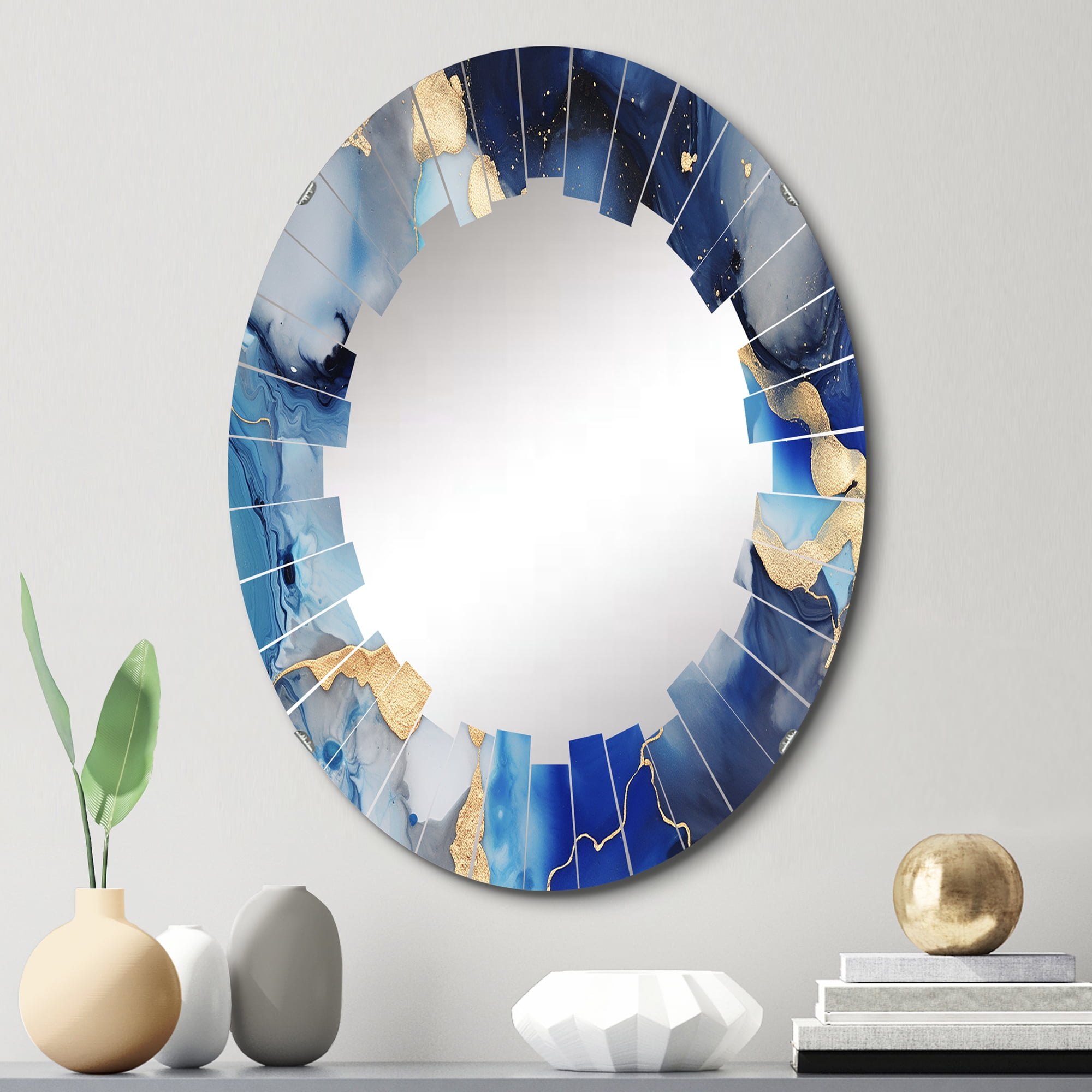 Designart "Luxury Blue and Gold Abstract Fluid Art III" Fractals Round ...