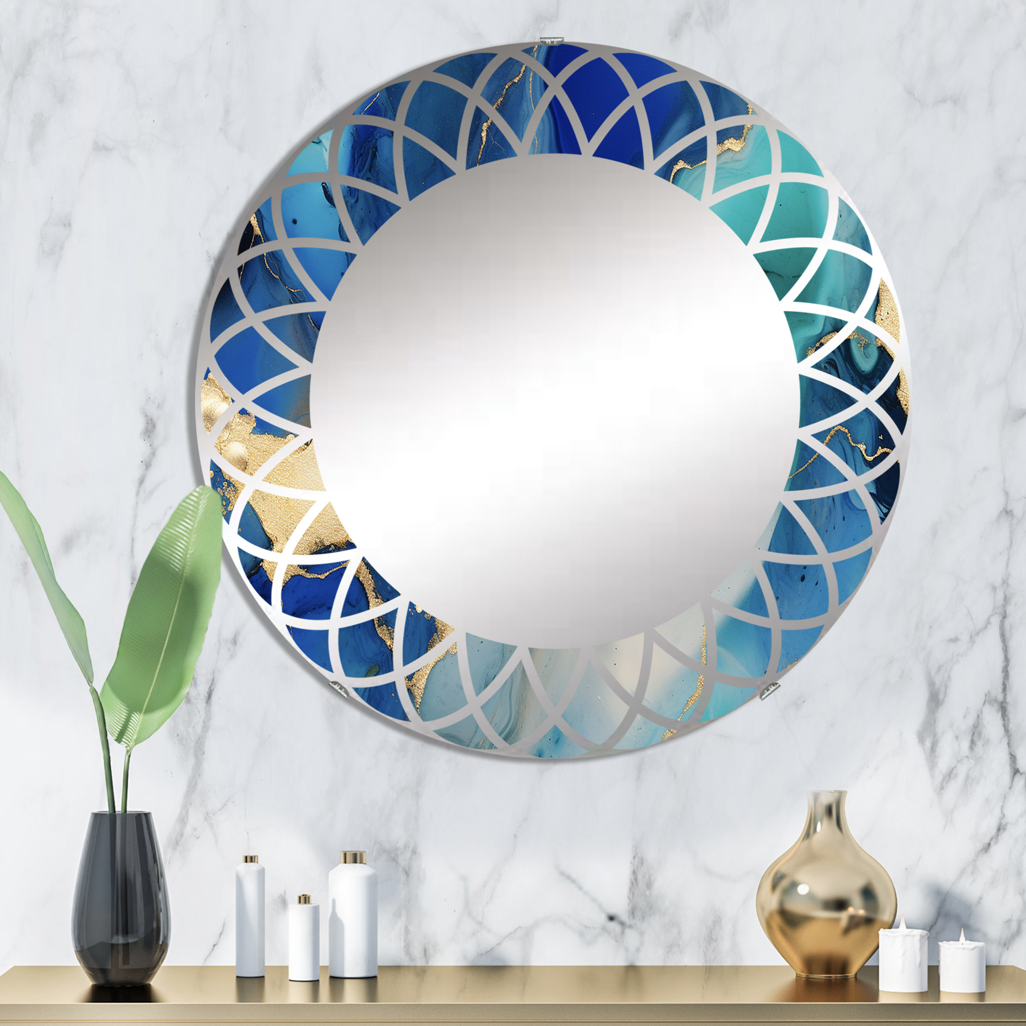 Designart "Luxury Blue and Gold Abstract Fluid Art IX" Fractals Round ...