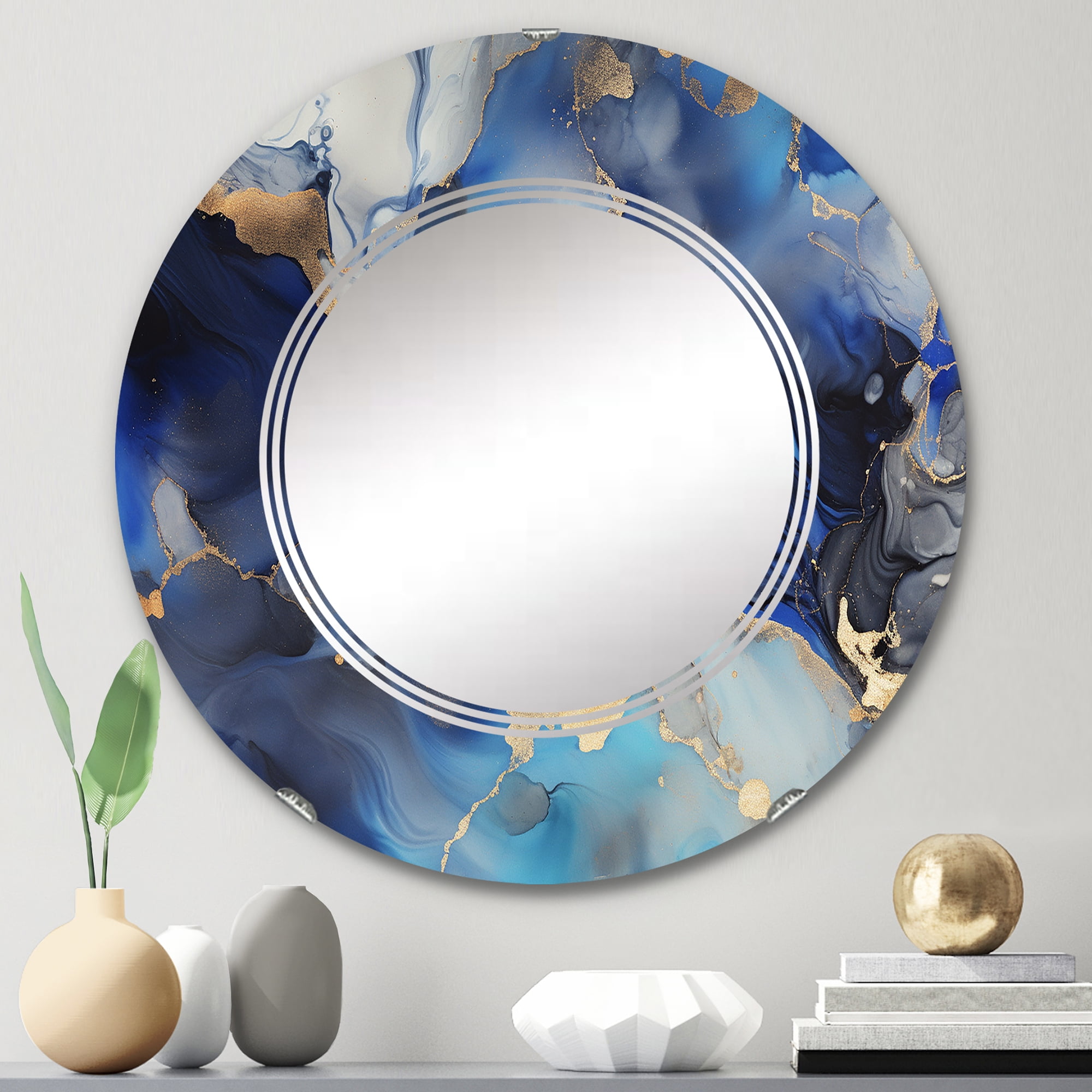 Designart "Luxury Blue and Gold Abstract Fluid Art VI" Fractals Round ...