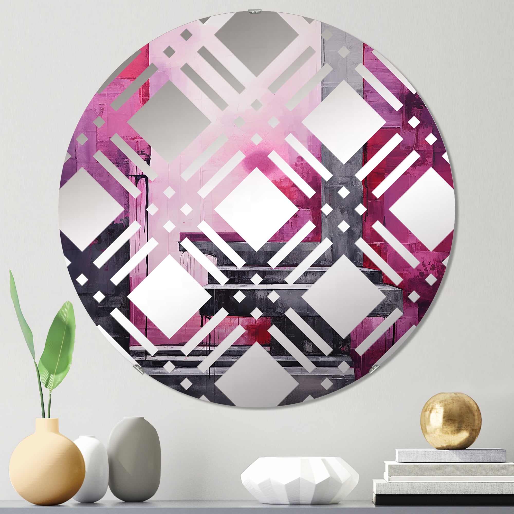 Designart "Magenta Horizon Cityscape III" Skyscrapers Plaid Round Wall ...