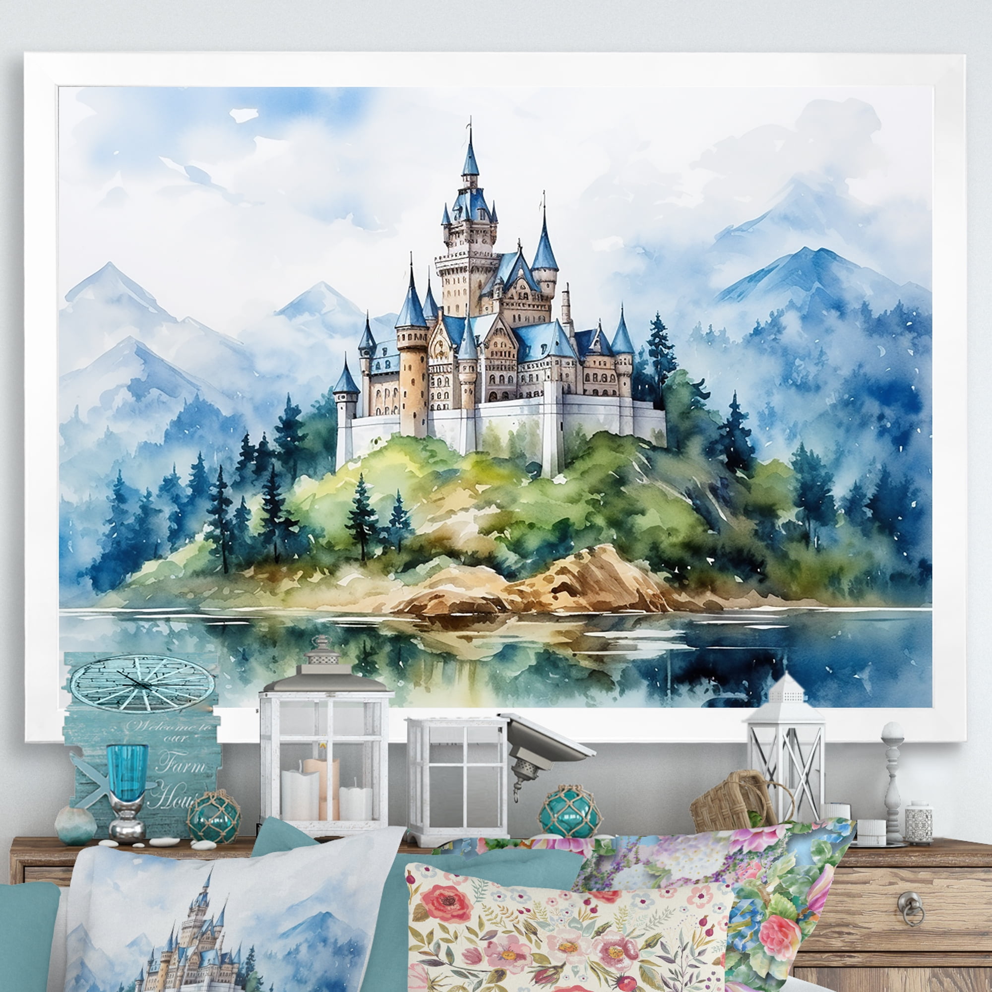 Designart "Magical Castle Alongside a Lake" Architecture Framed Wall ...