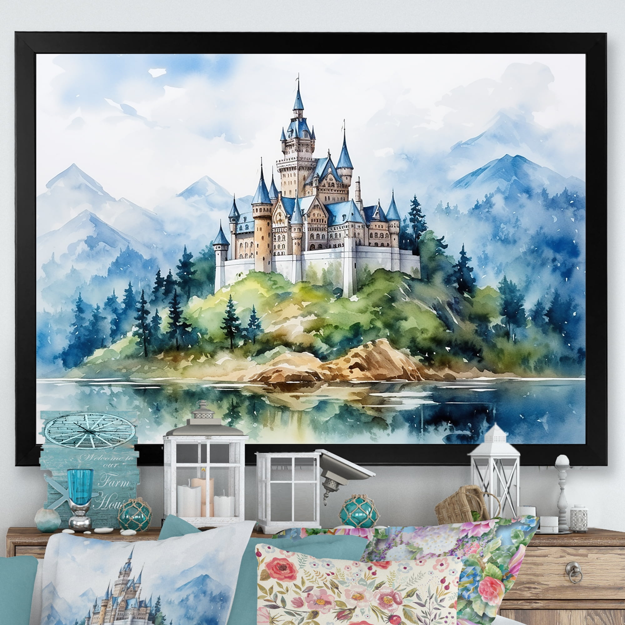 Designart "Magical Castle Alongside a Lake" Architecture Framed Wall ...