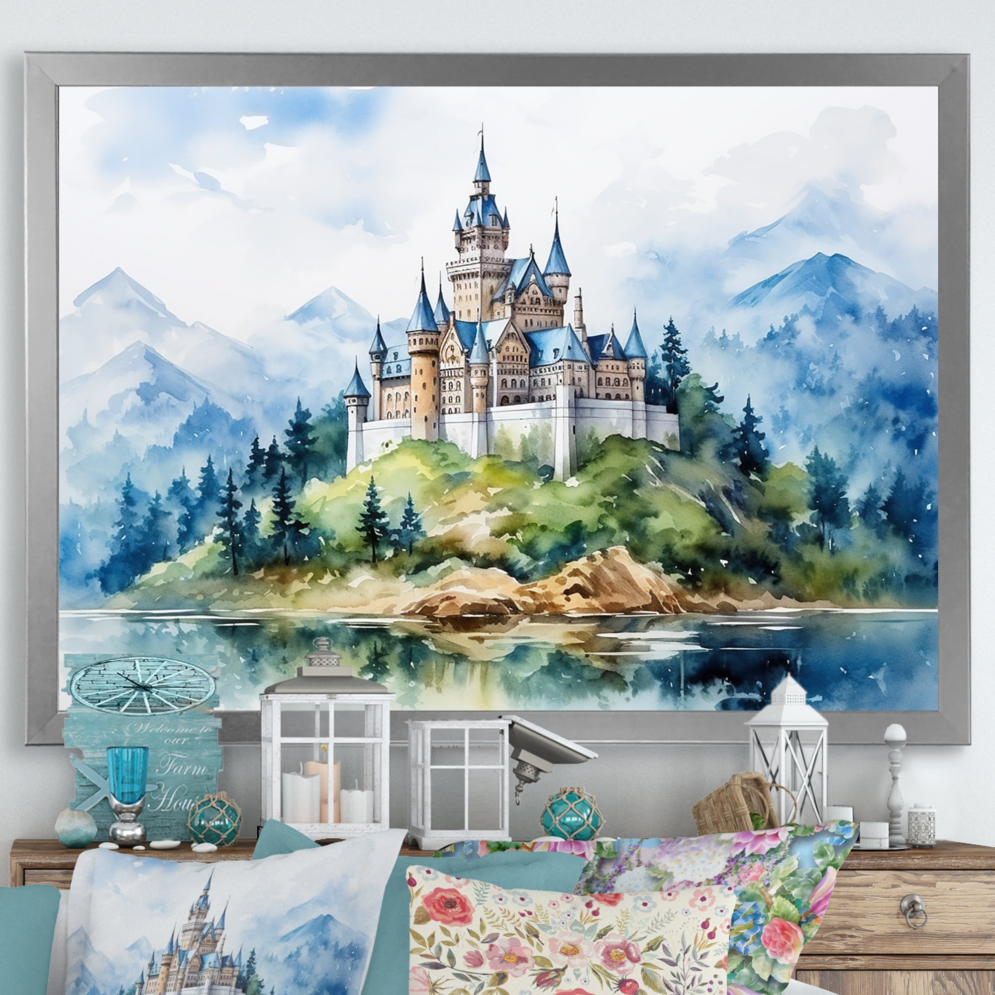 Designart "Magical Castle Alongside a Lake" Architecture Framed Wall ...