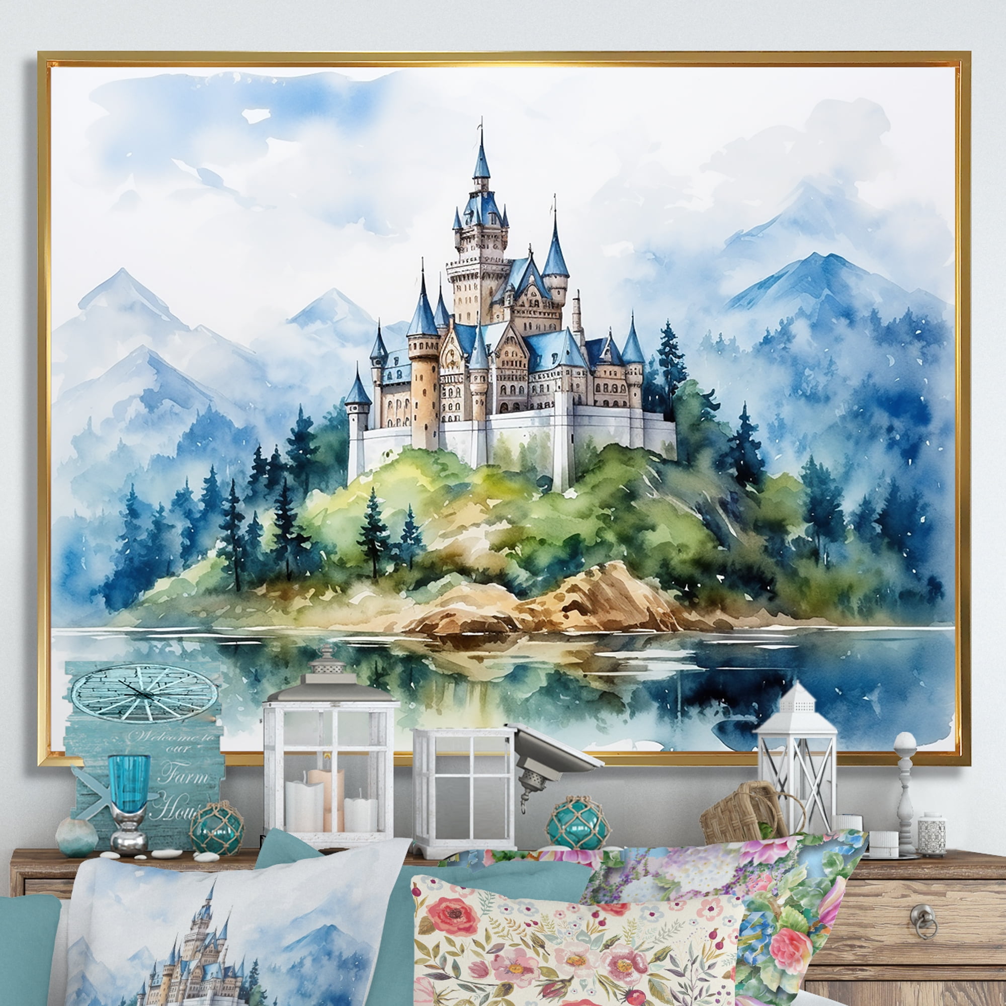 Designart "Magical Castle Alongside a Lake" Architecture Framed Wall ...