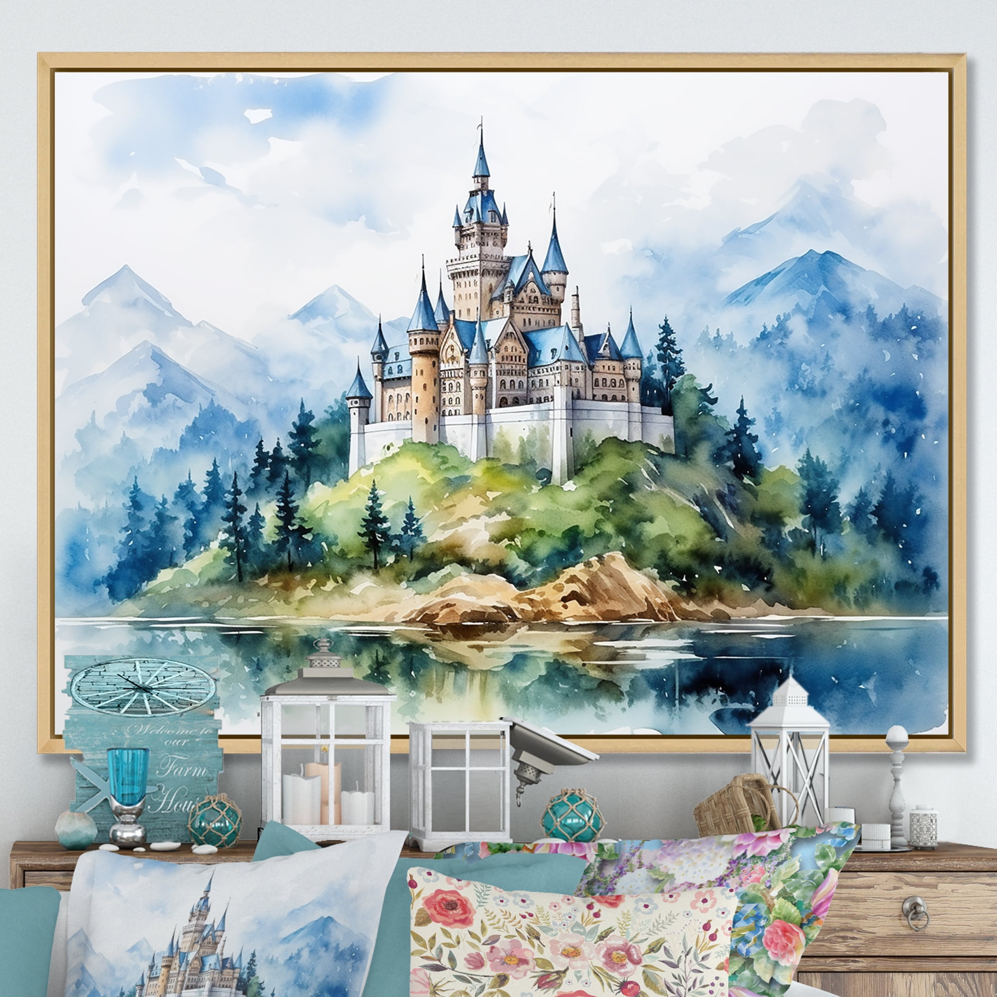 Designart "Magical Castle Alongside a Lake" Architecture Framed Wall ...