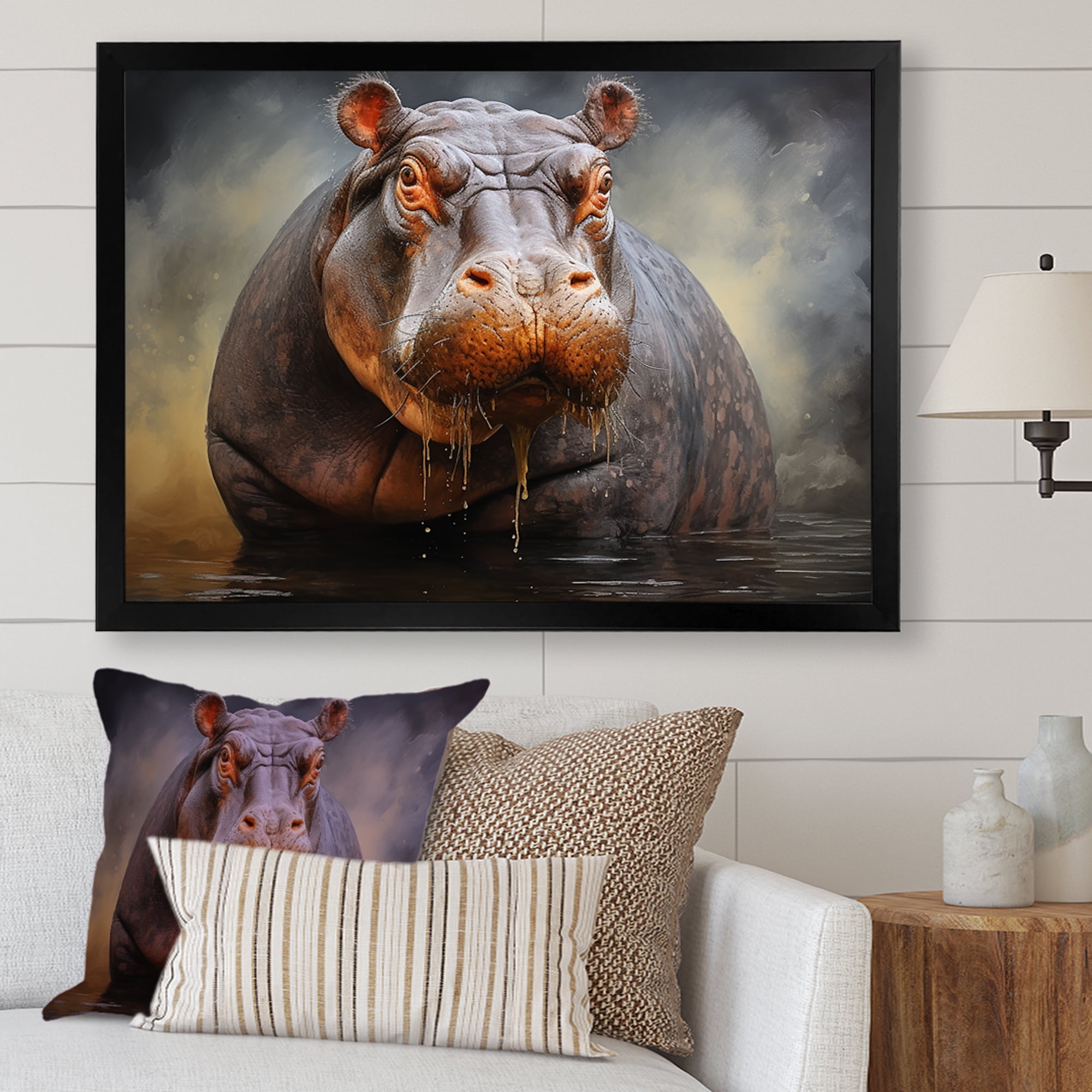 Designart "Majestic Hippo Elegance in Grey I" Animals Framed Wall Art ...