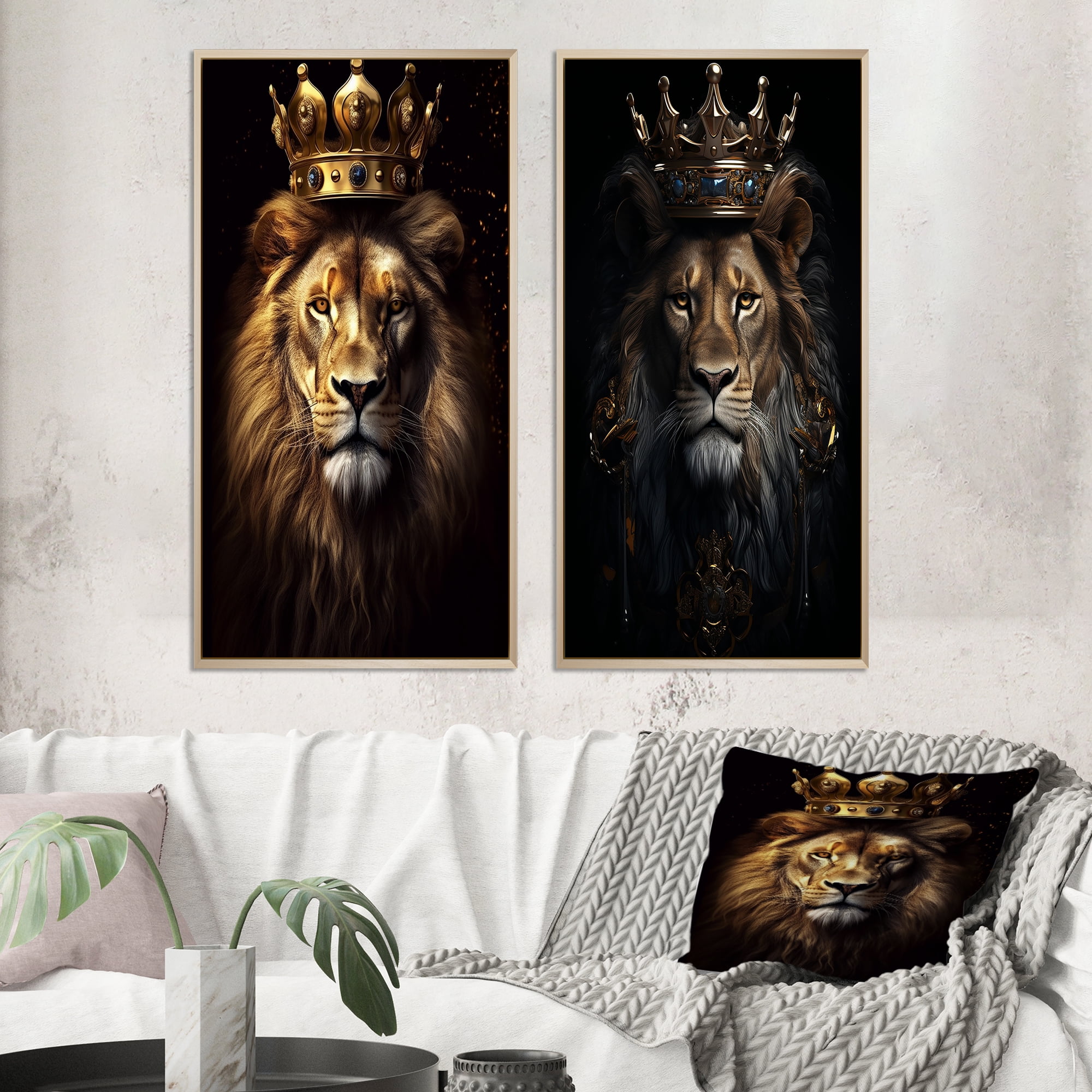 Designart "Majestic Lion King with a Golden Crown II" Animals Lion ...