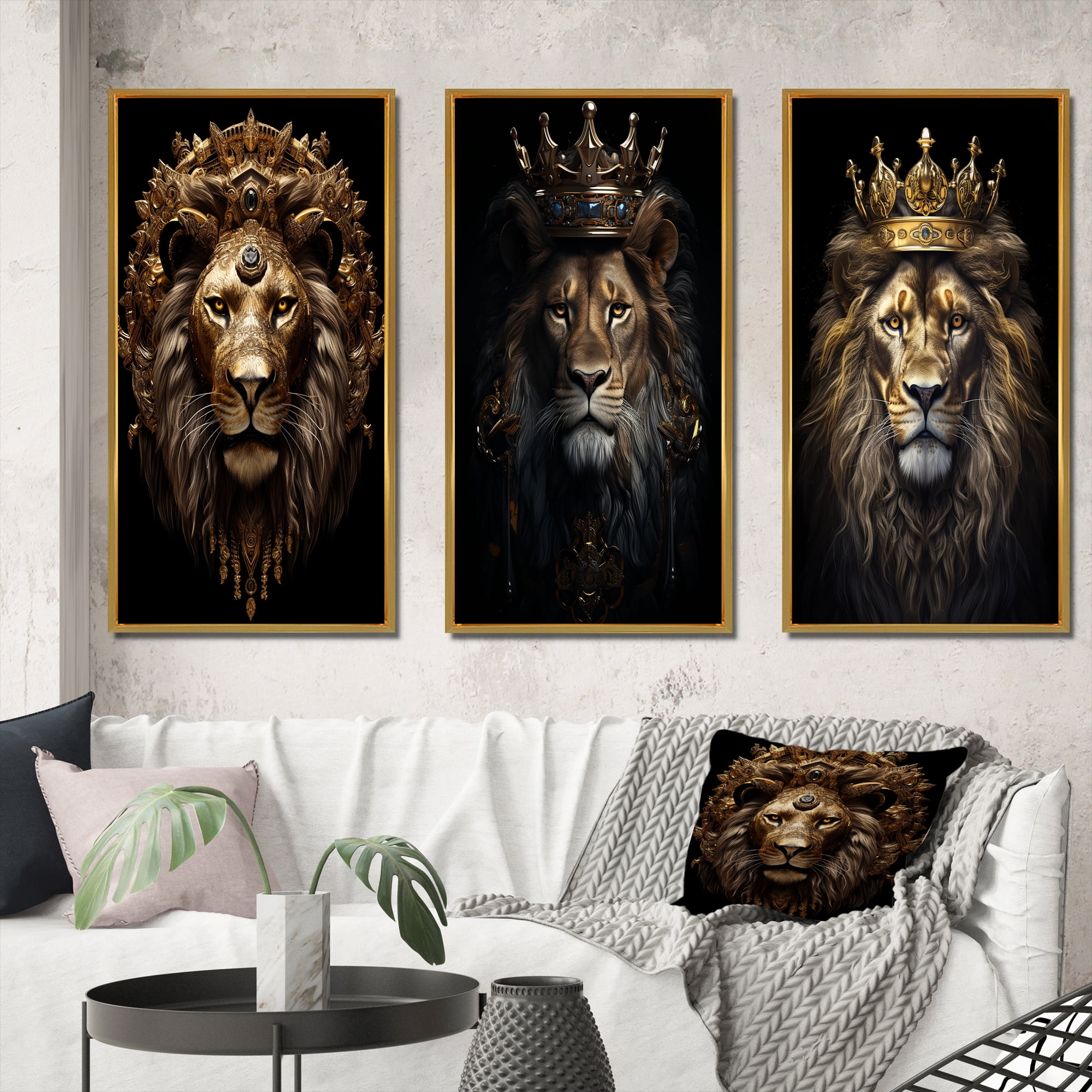 Designart "Majestic Lion King with a Golden Crown III" Animals Lion ...