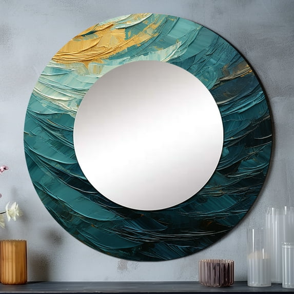 Designart "Majestic Motion In Teal" Abstract Spirals Rund Mirror For ...