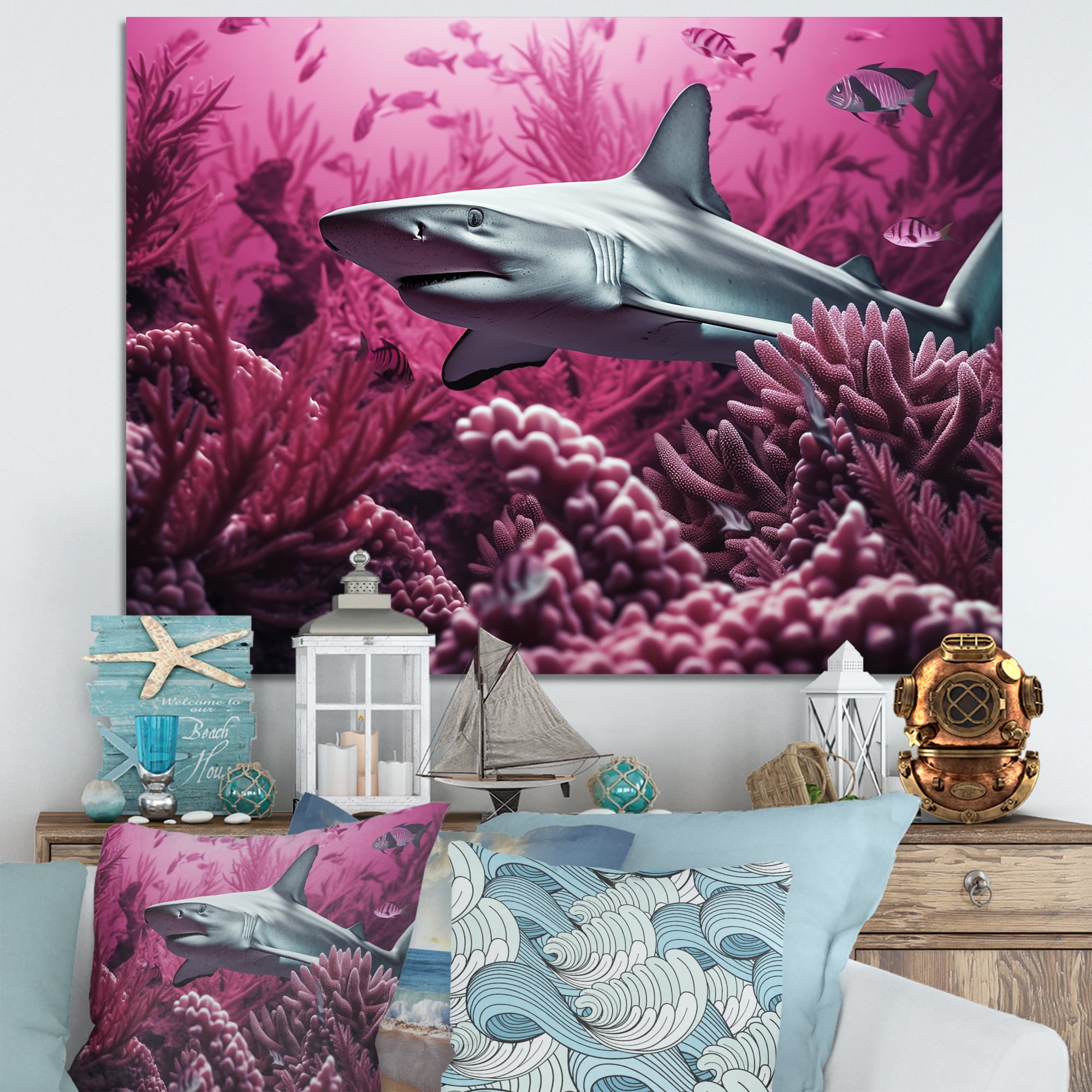 Designart "Majestic Violet Hammerhead Sharks" Coastal Coral Under Water ...