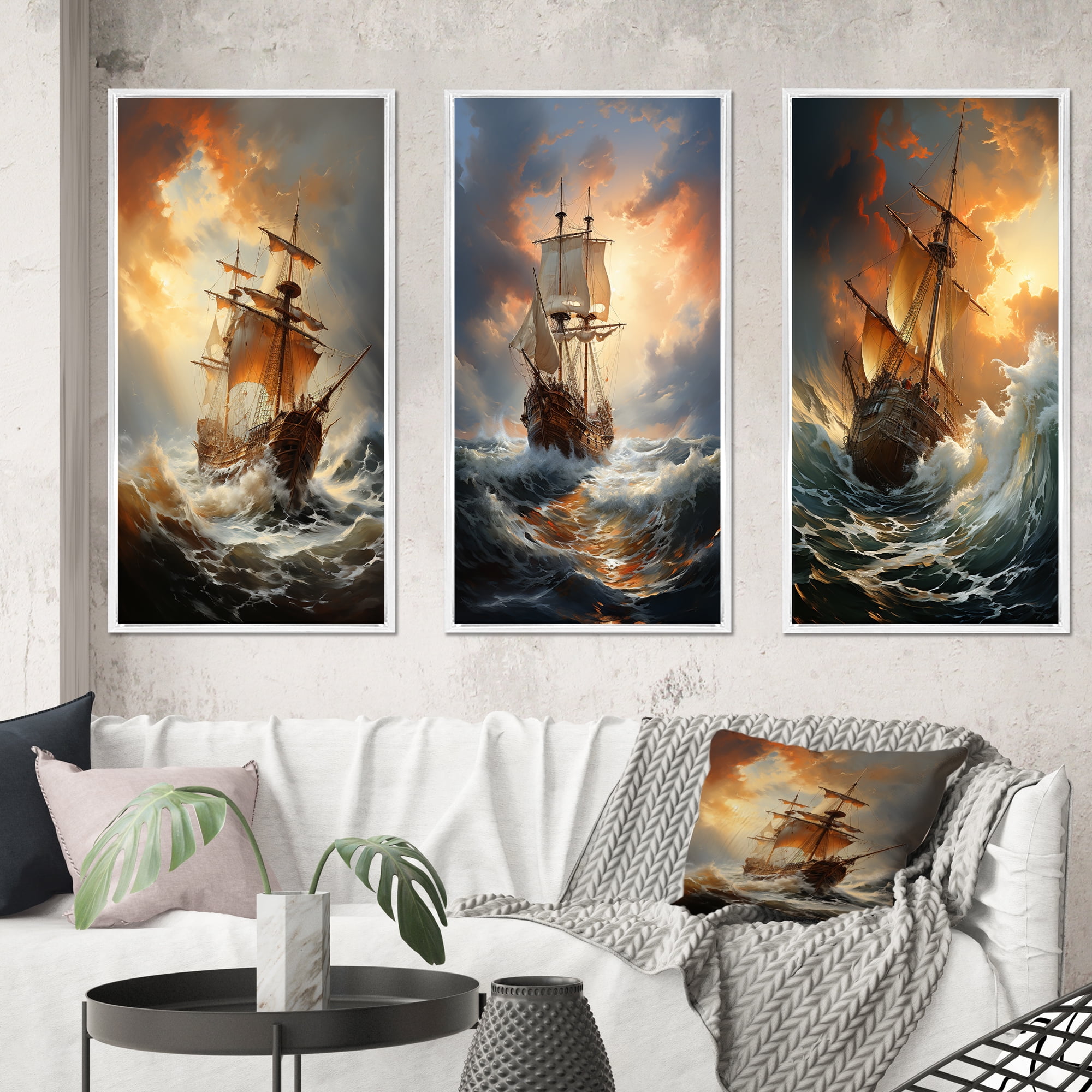 Designart "Majestic White Sailboat in a Storm III" Boat Framed Wall Art ...