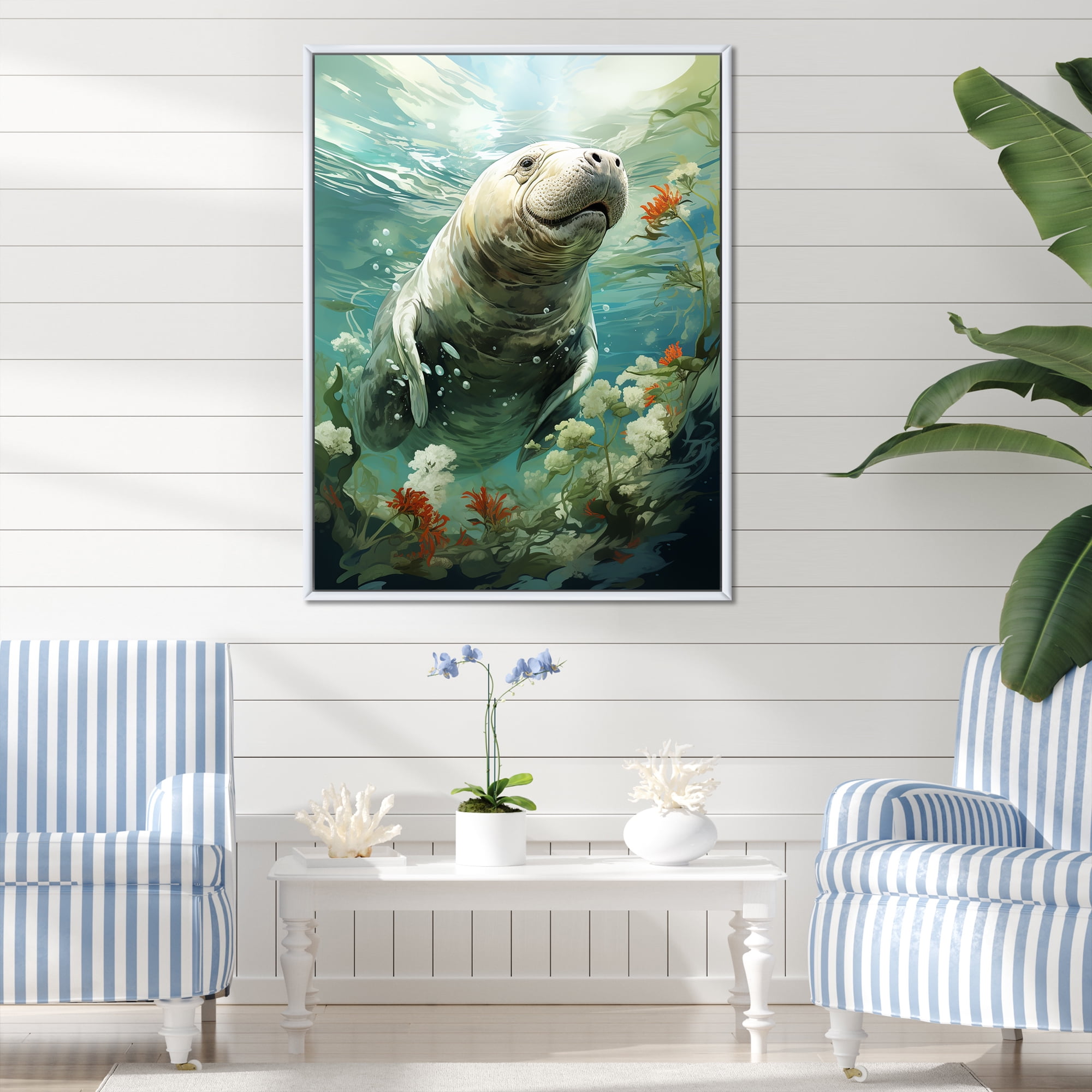 Designart "Manatee Grace Green Majesty I" Animals Framed Wall Art ...