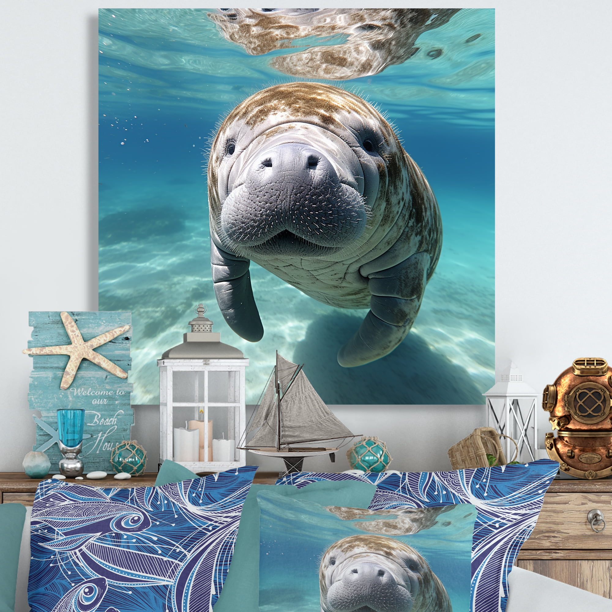Designart "Manatee's Curious Gaze I" Animals Wall Art - Modern Blue ...