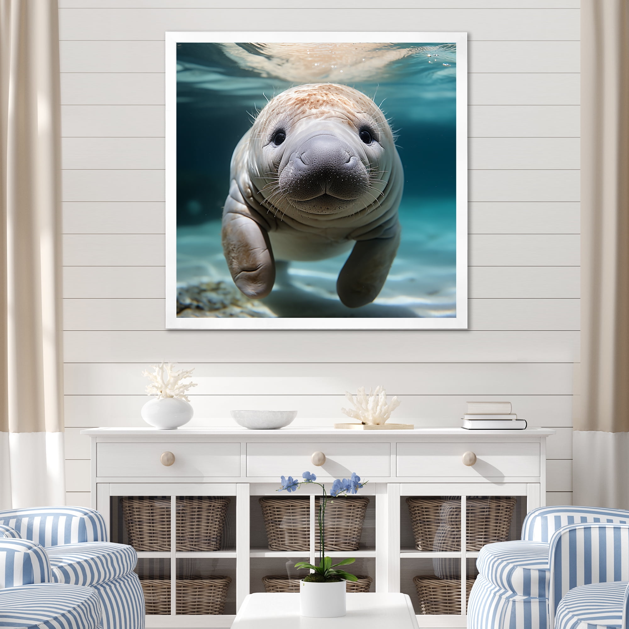Designart "Manatee's Curious Gaze III" Animals Framed Wall Art Decor ...