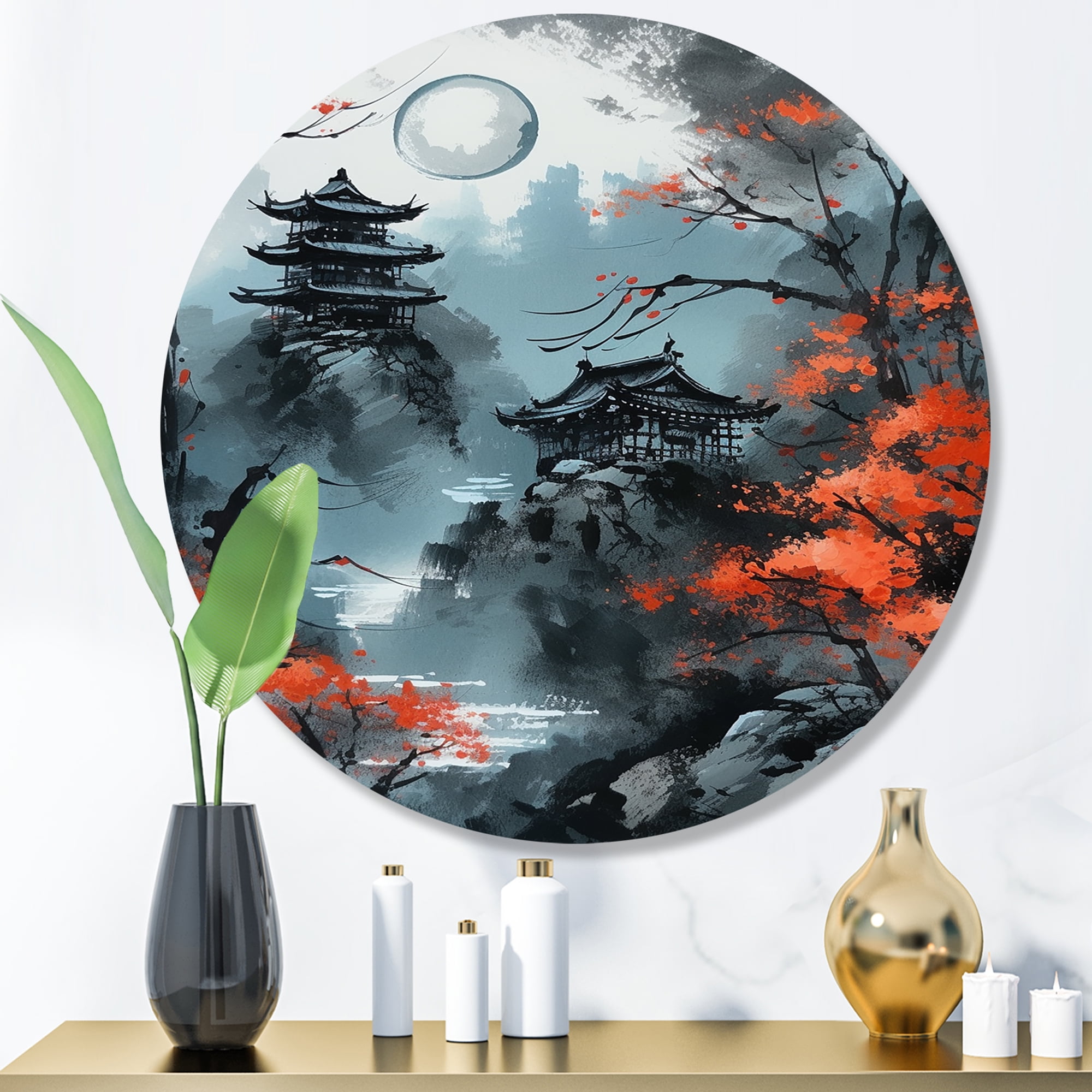 Designart "Maple s Nocturnal Dance V" Japon Landscape Metal Round Art ...