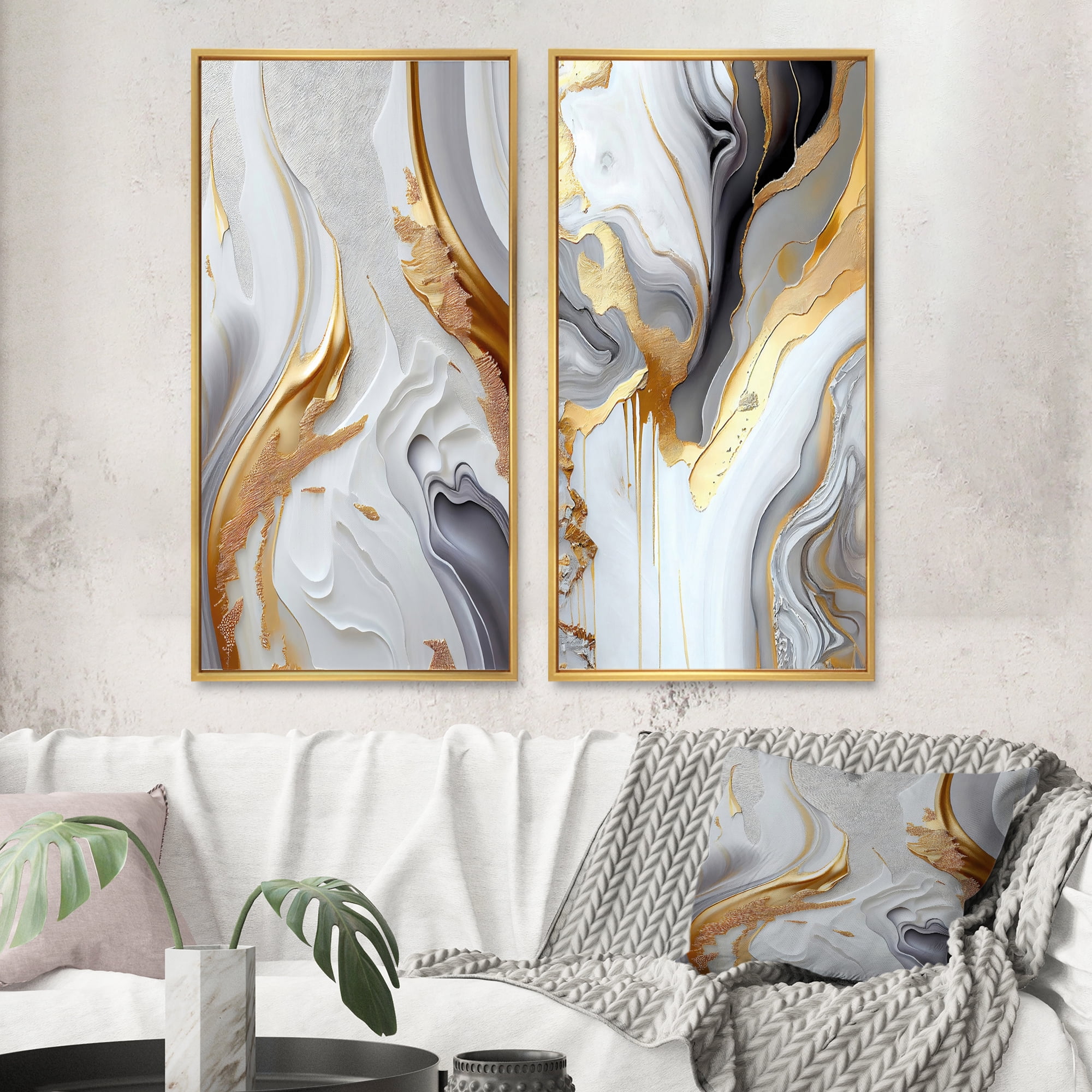 Designart "Marble Abstraction in White and Gold I" Abstract Marble ...