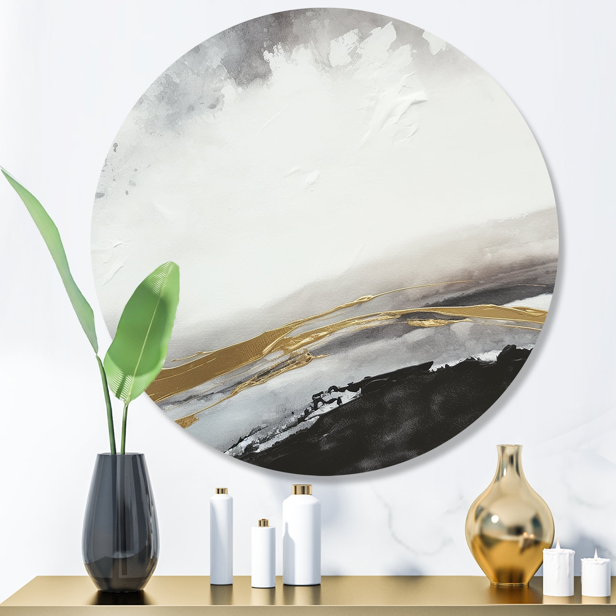 Designart "Marble Eruption in Black III" Abstract Marble Metal Round ...