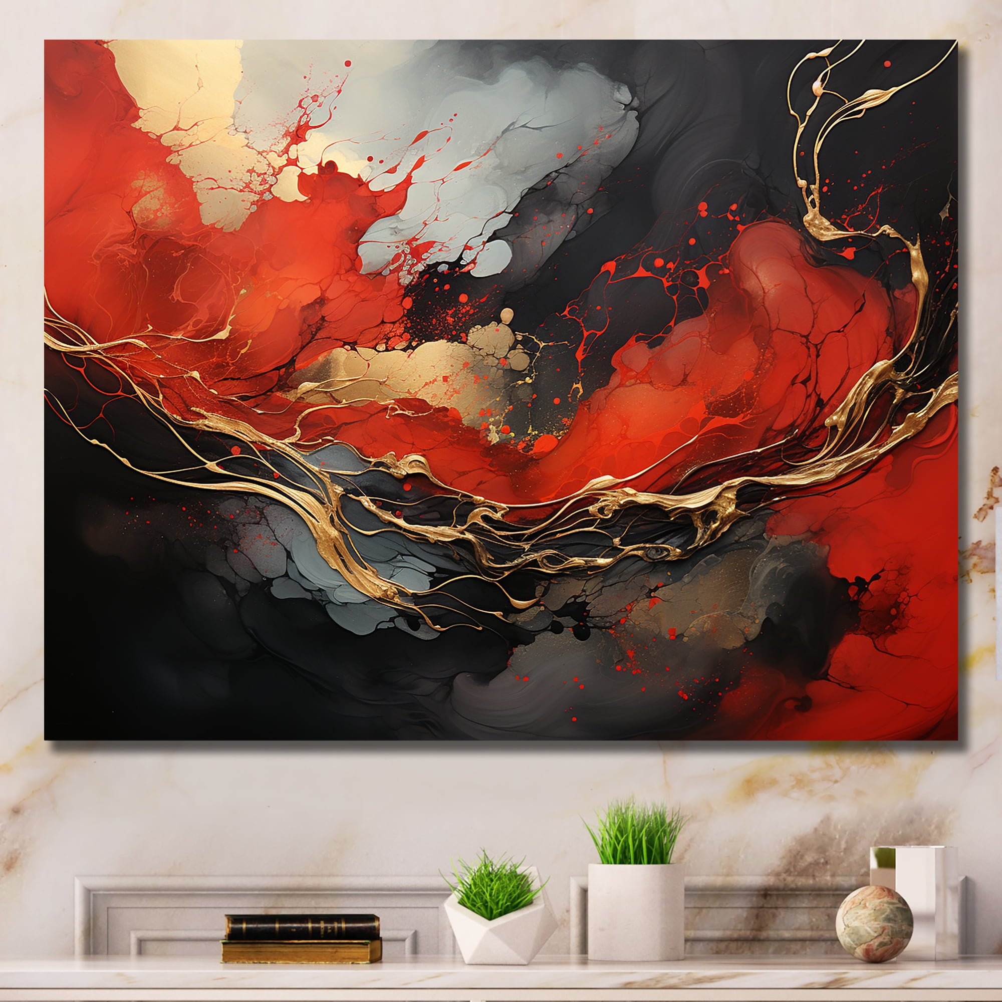 Designart "Marble Fire Red and Gold Fusion III" Abstract Wall Art ...
