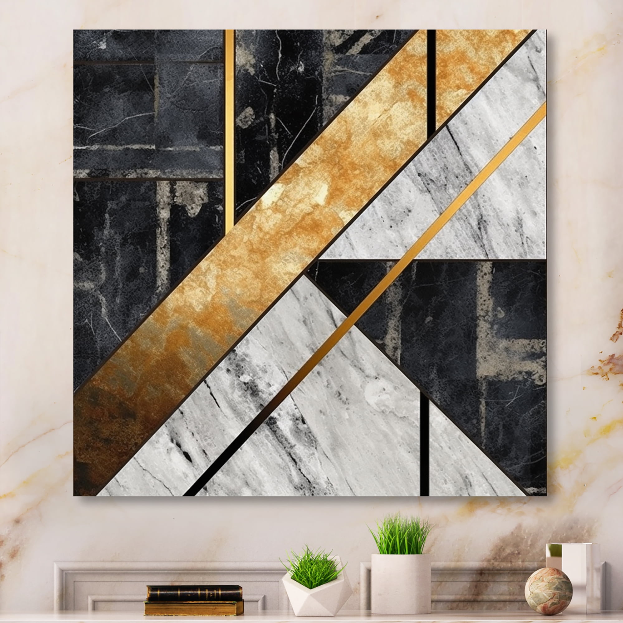 Designart "Marble Granite Agate with Gold Accents IX" Modern Geometric ...