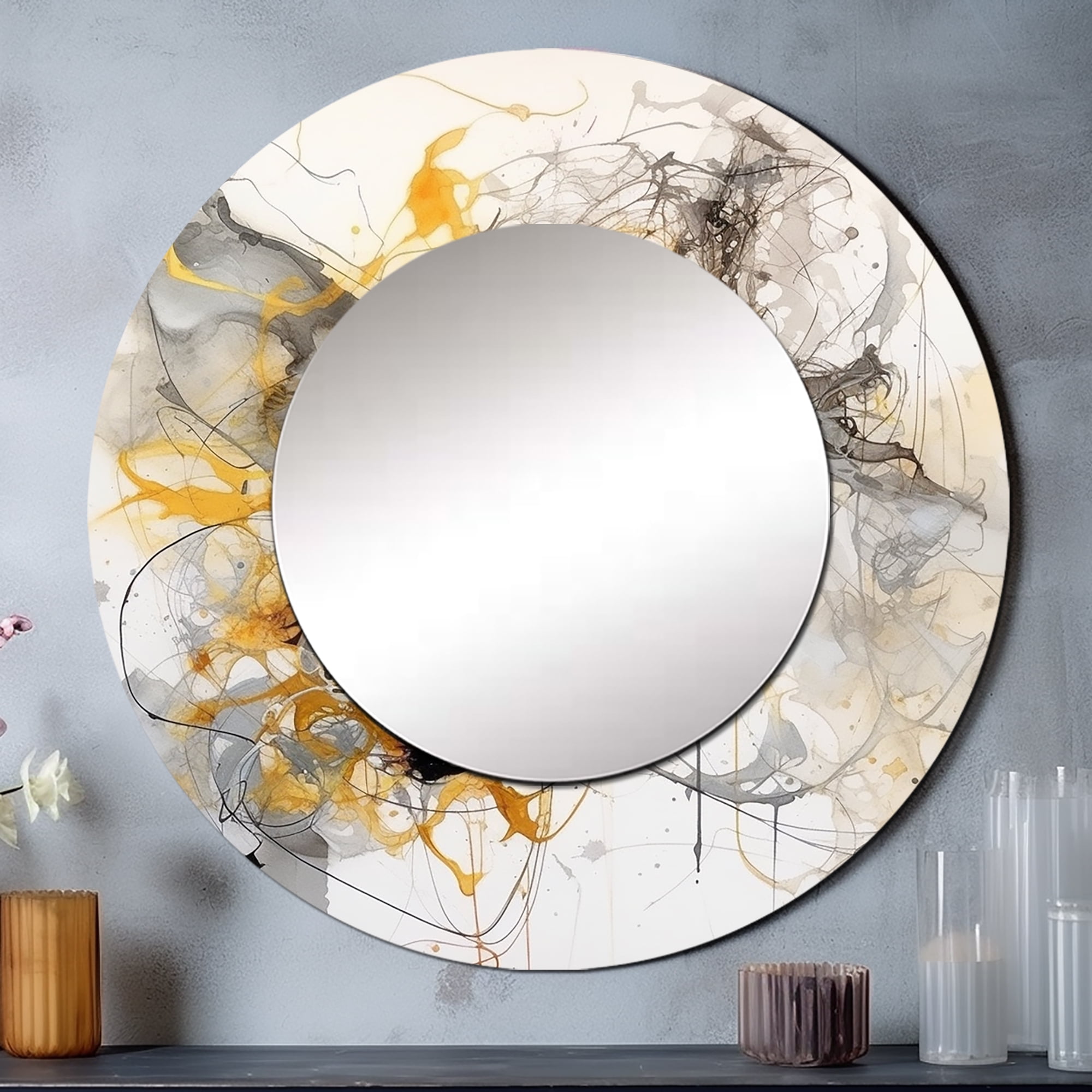 Designart "Marble Symphony in Yellow and Grey I" Abstract Rund Mirror ...