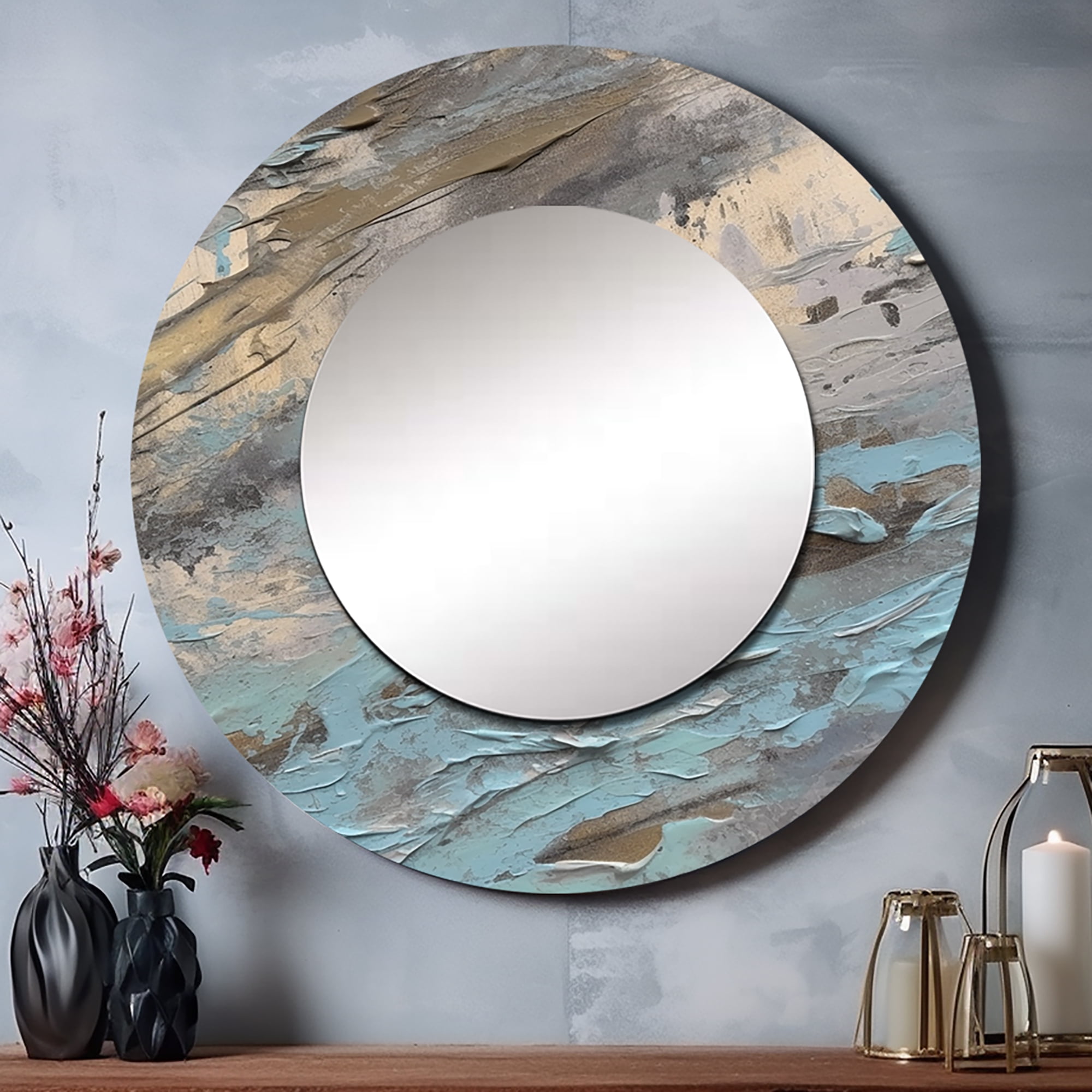 Designart "Marbled Artistry Beige and Blue I" Modern Geometric Rund ...