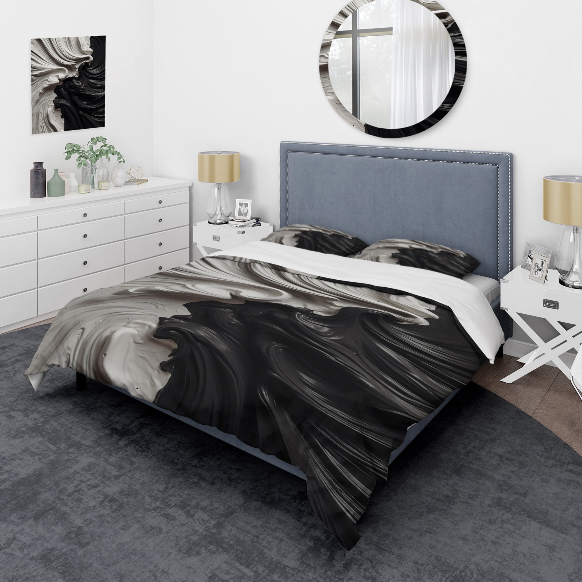 Designart "Marbled Dreamscape Black and White I" Modern Geometric ...