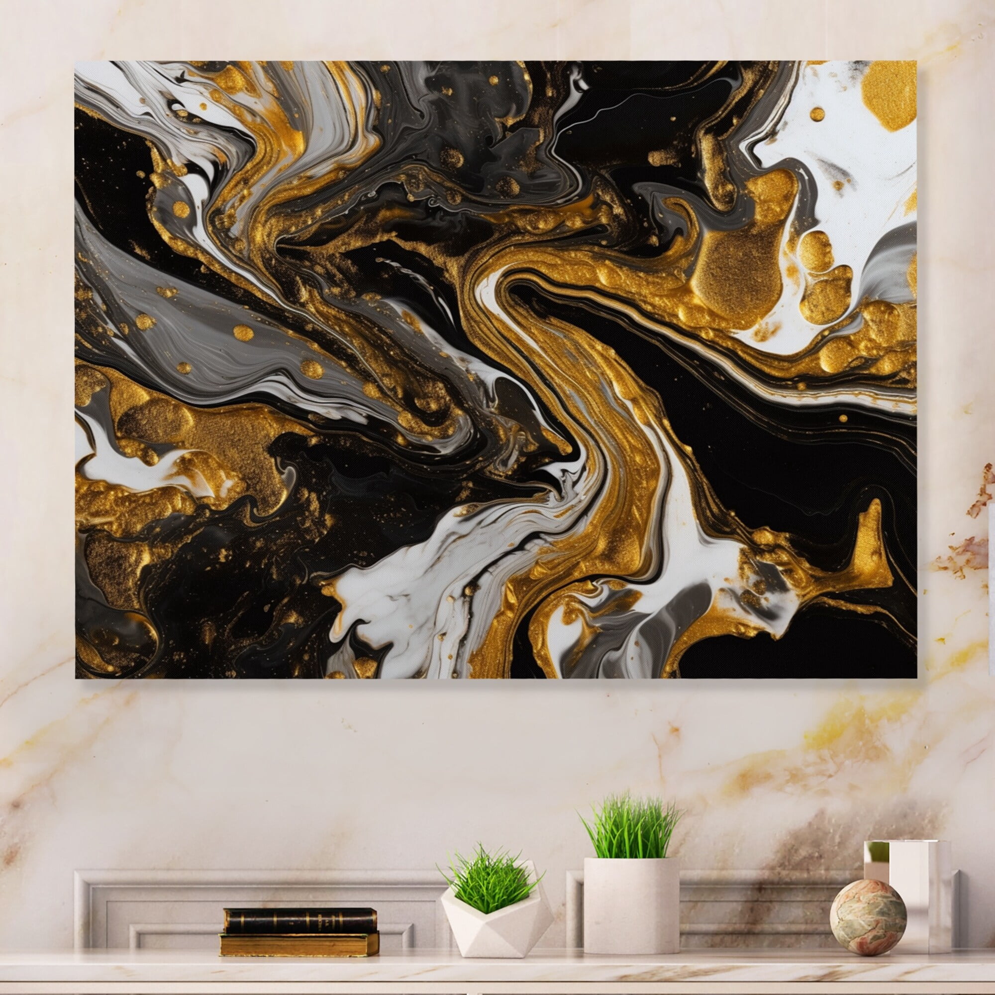 Designart "Marbled Dreamscape Gold and Black II" Modern Geometric Metal ...