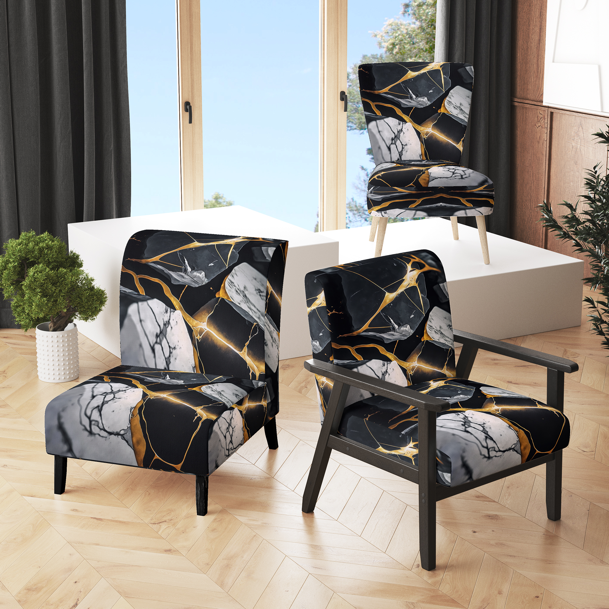 Designart "Marbled Gold Geode Abstraction II" Black Marble Upholstered ...