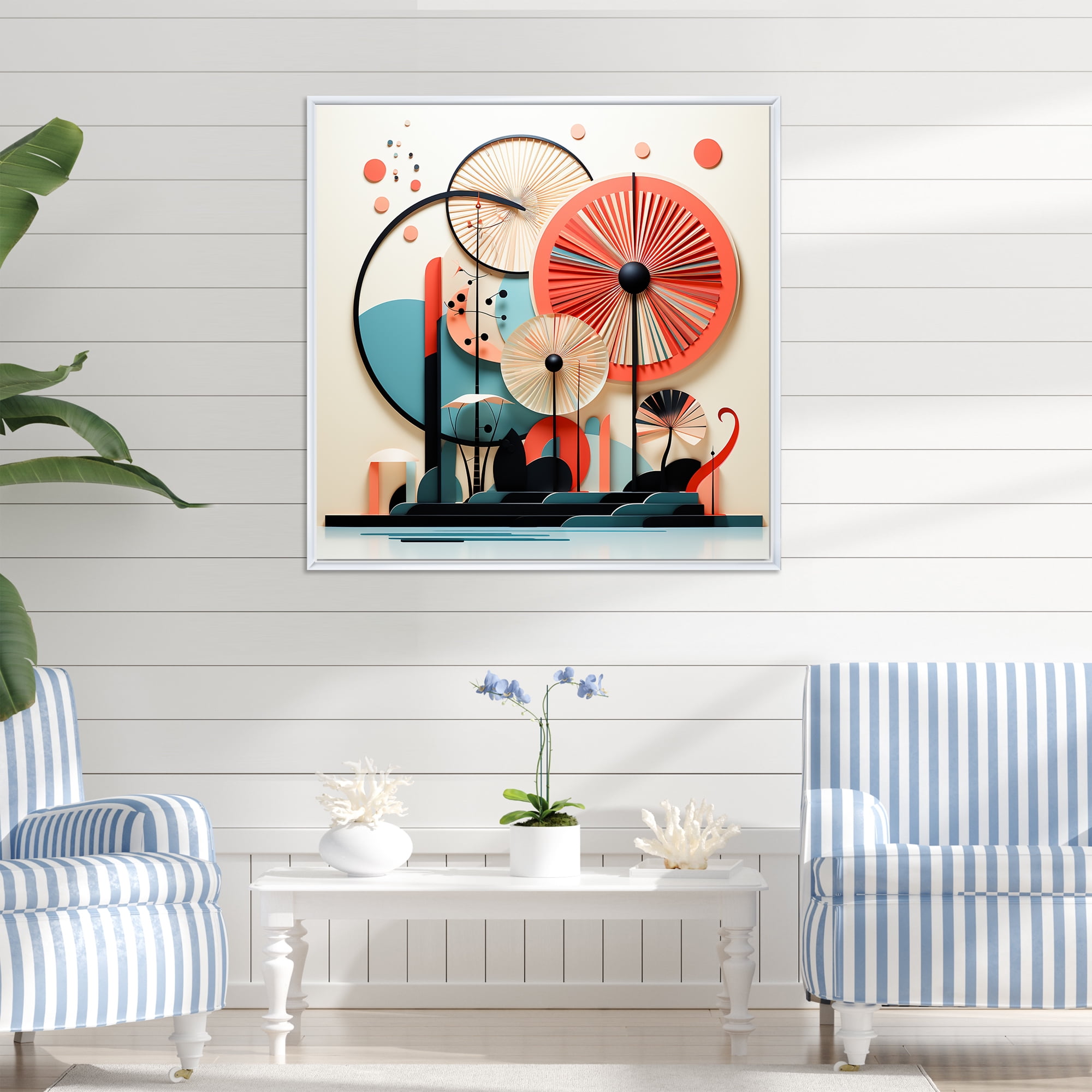 Designart "Marine Coral Collage in Art Deco Style" Animals Framed Wall Art - Pink Coral Entryway ...