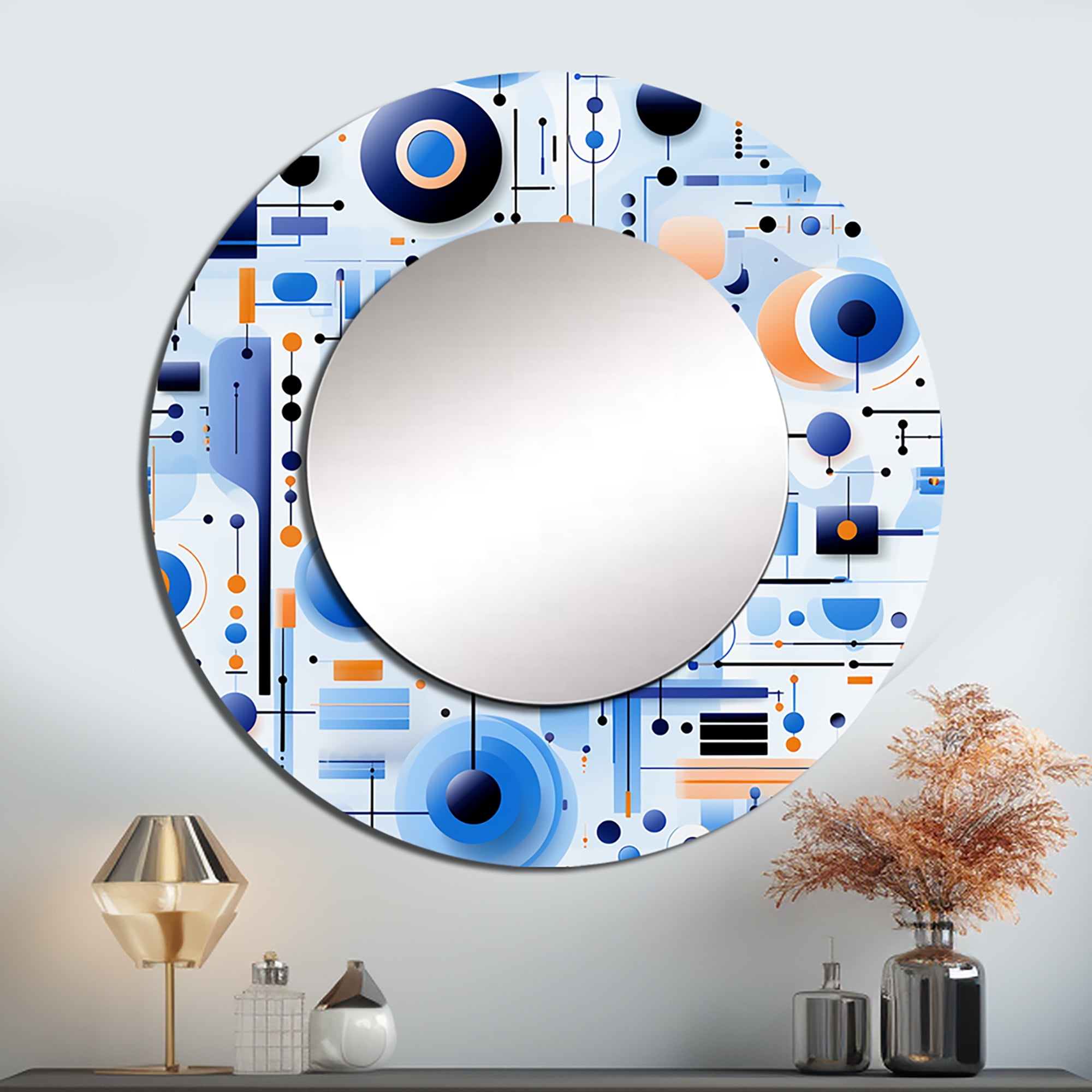 Designart "Matrix Design in Blue and White II" Geometric Rund Mirror ...