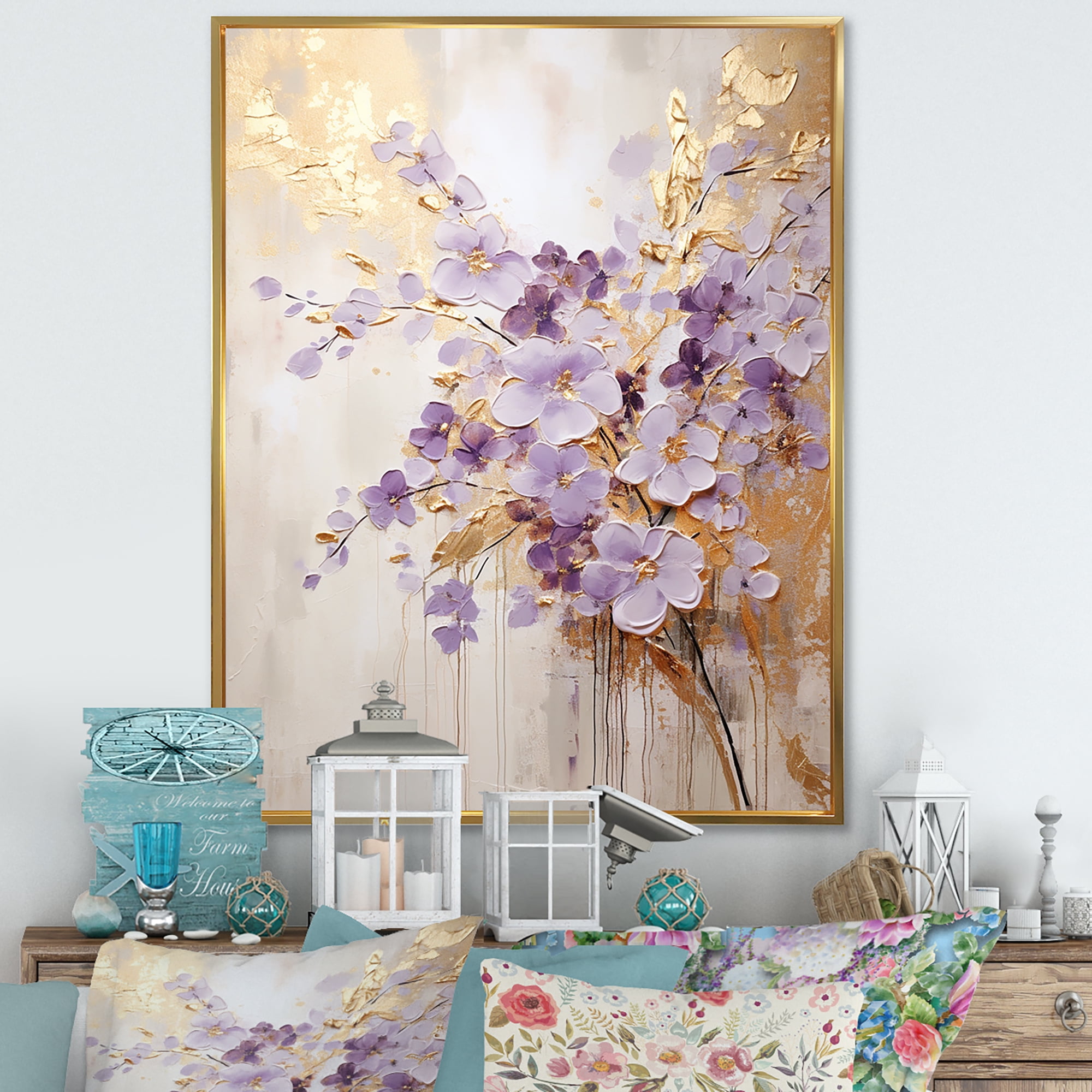 Designart "Meadow of Violets in Purple and Gold IV" Violets Floater Framed Wall Art Living Room ...