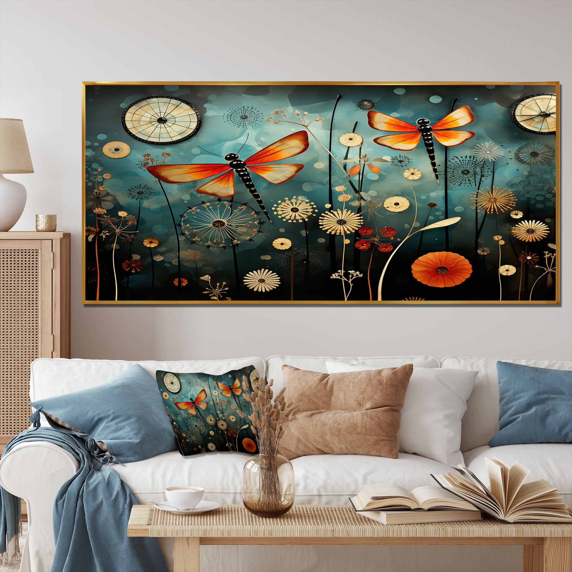 Designart "Meadow with Dragonflies" Extra Large Animals Framed Wall Art ...