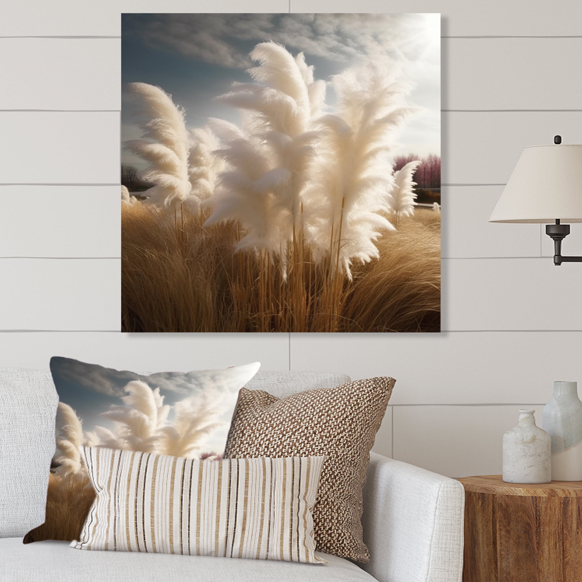 Designart "Meadows of White Pampas Grass III" Floral Metal Art Living ...