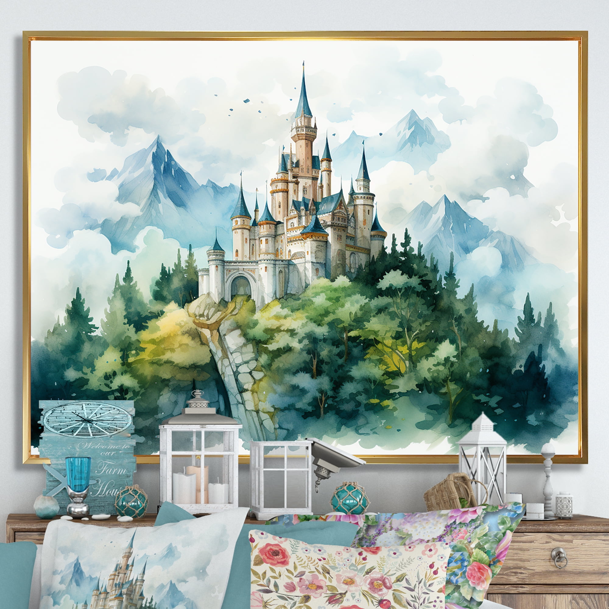 Designart "Medieval Castle Set Amid Mountains" Architecture Framed Wall ...