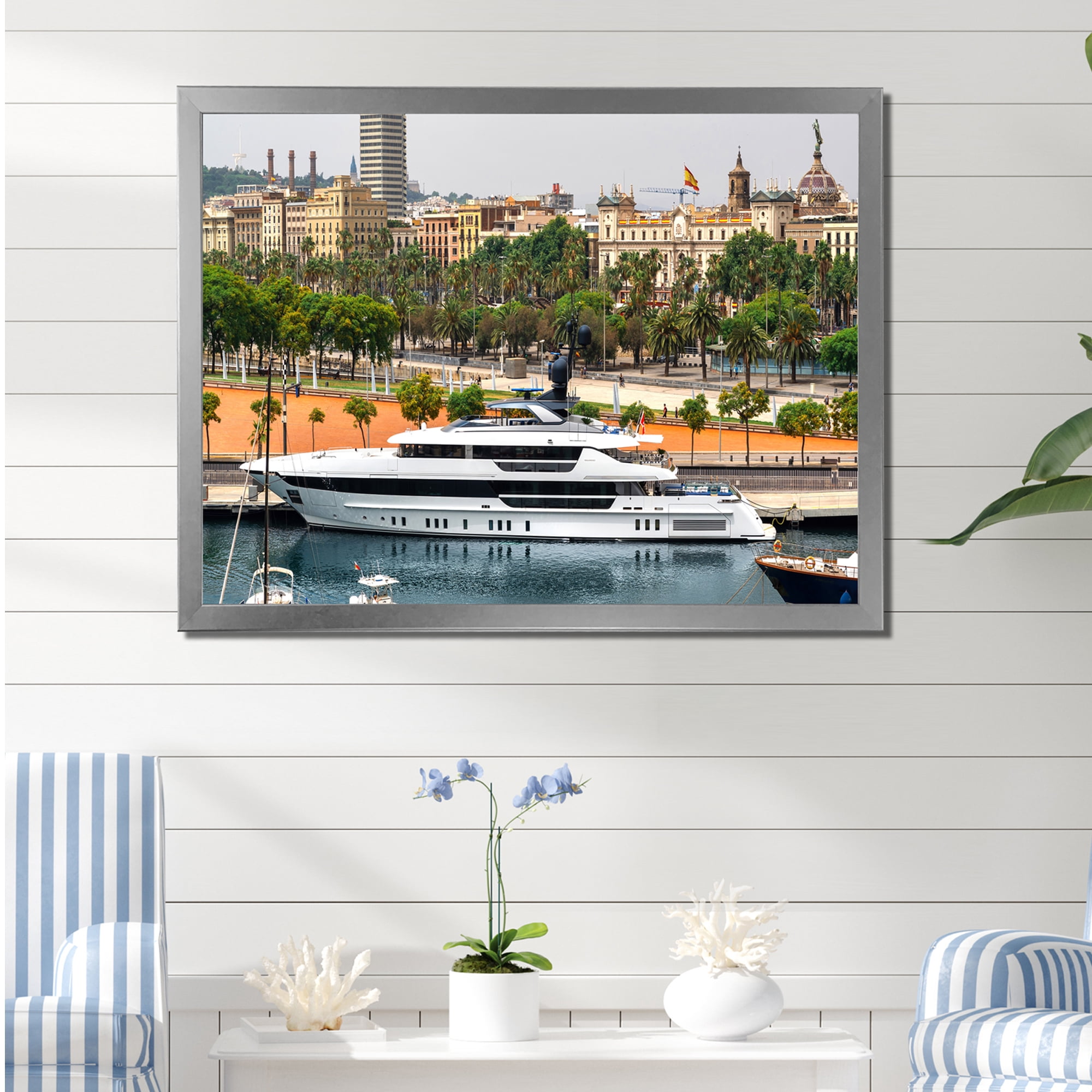 Designart "Mediterranean Port Anchored Yacht" Boat Picture Framed Wall ...