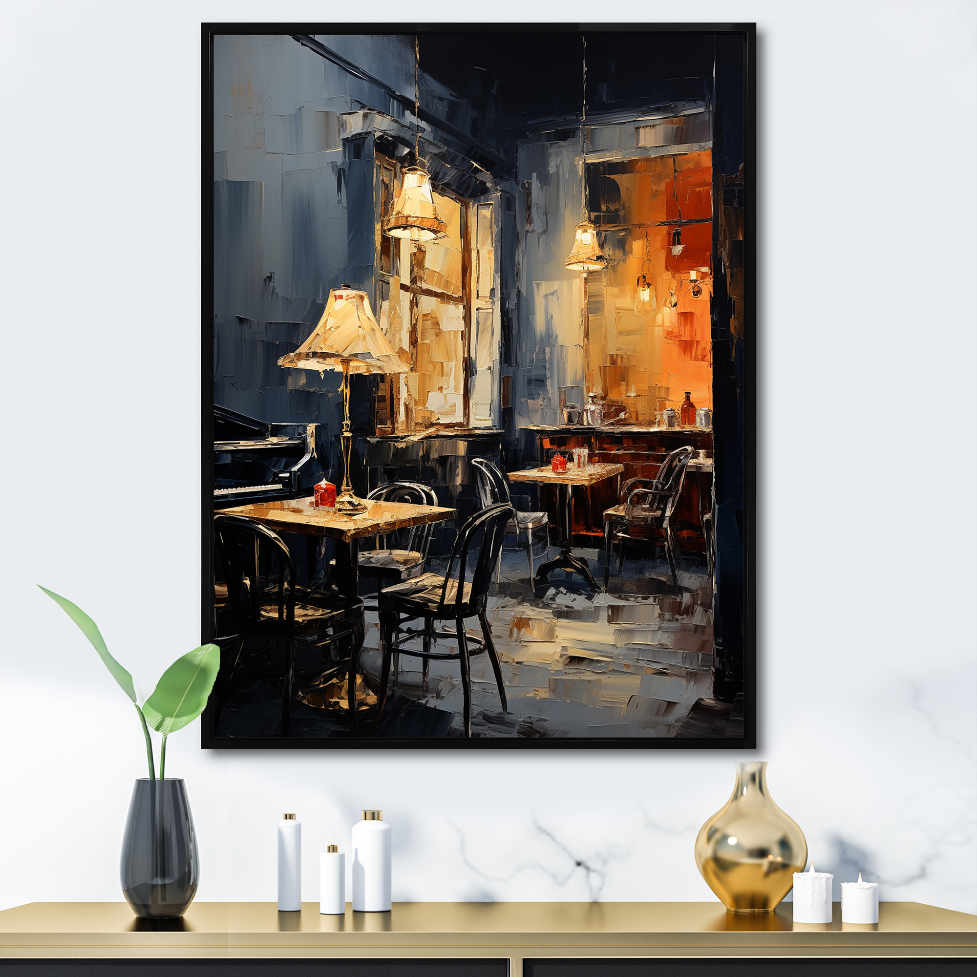 Designart "Melodic Vibes at Yellow and Grey Jazz Cafe I" Music Framed ...