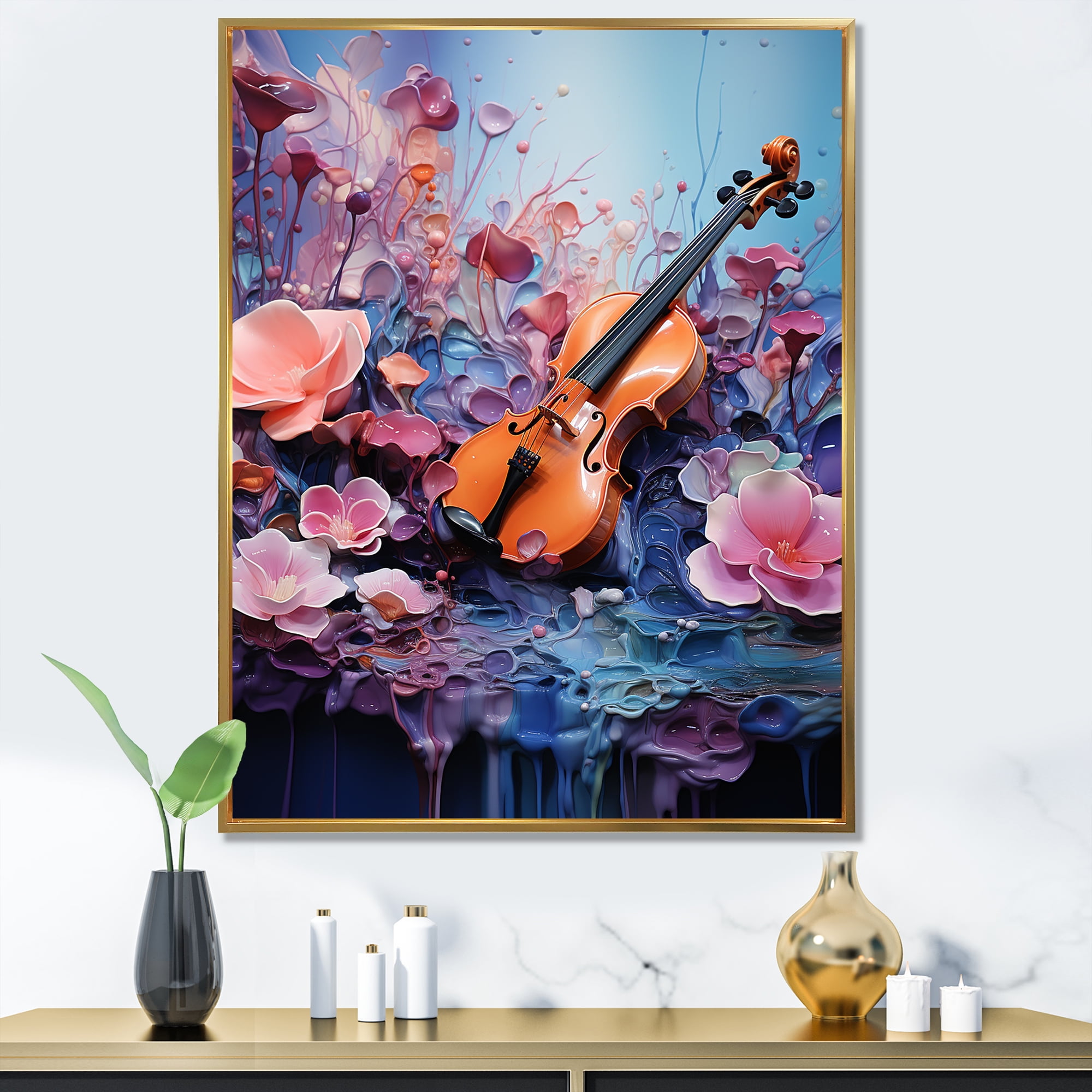 Designart "Melodic Whimsy Of Violin Music" Drip Painting Floater Framed ...