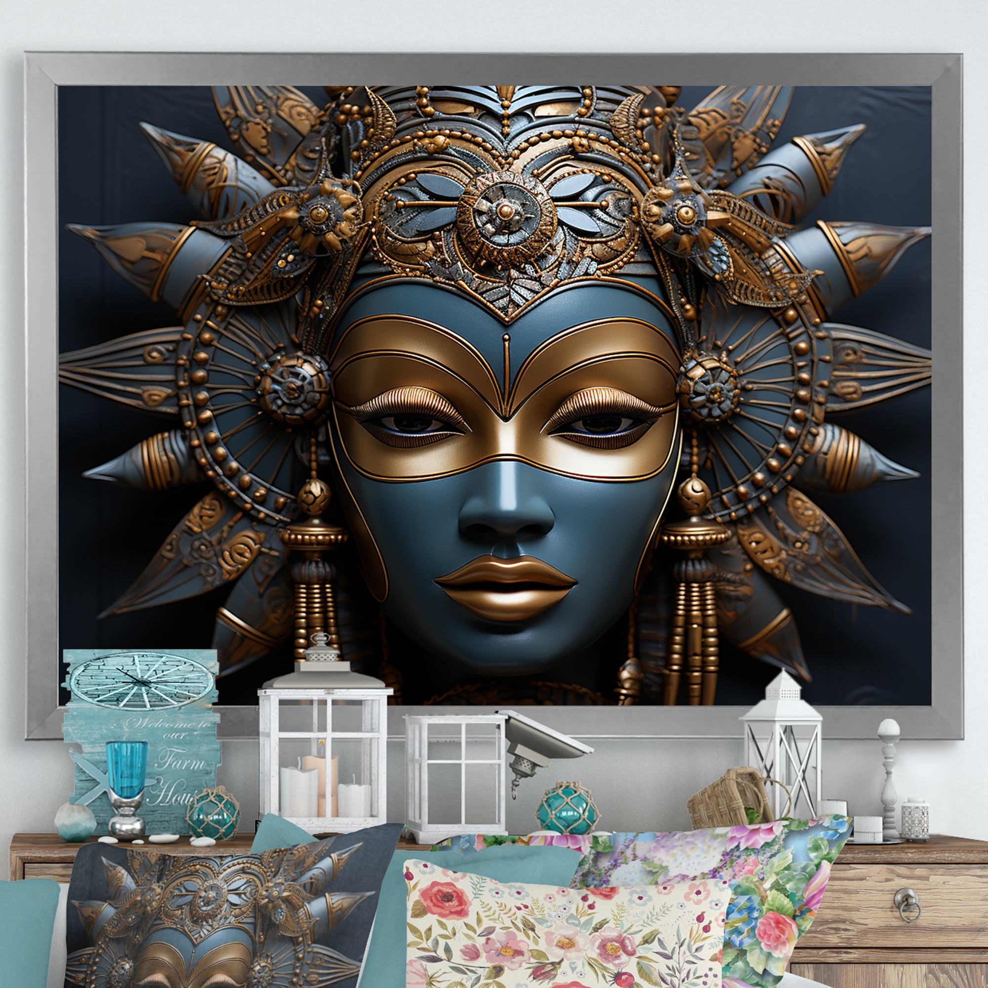 Designart "Mende Beauty Woman Mask in Black" People Framed Wall Art ...
