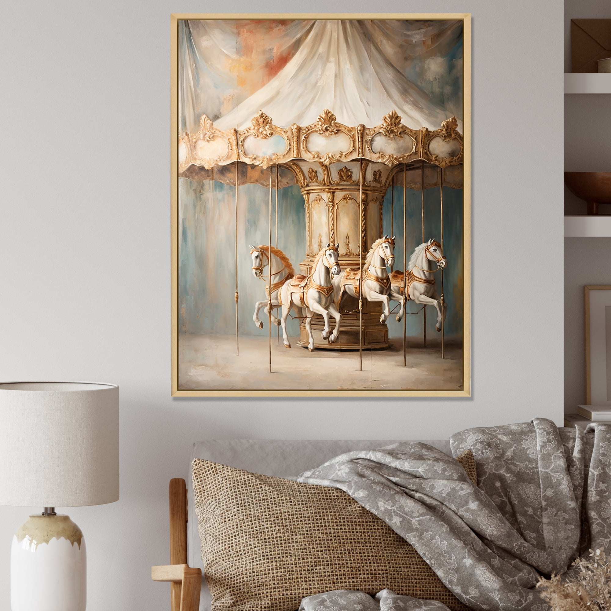Designart "Merry-Go-Round Carousel in Beige Vintage Style" Architecture Framed Wall Art ...