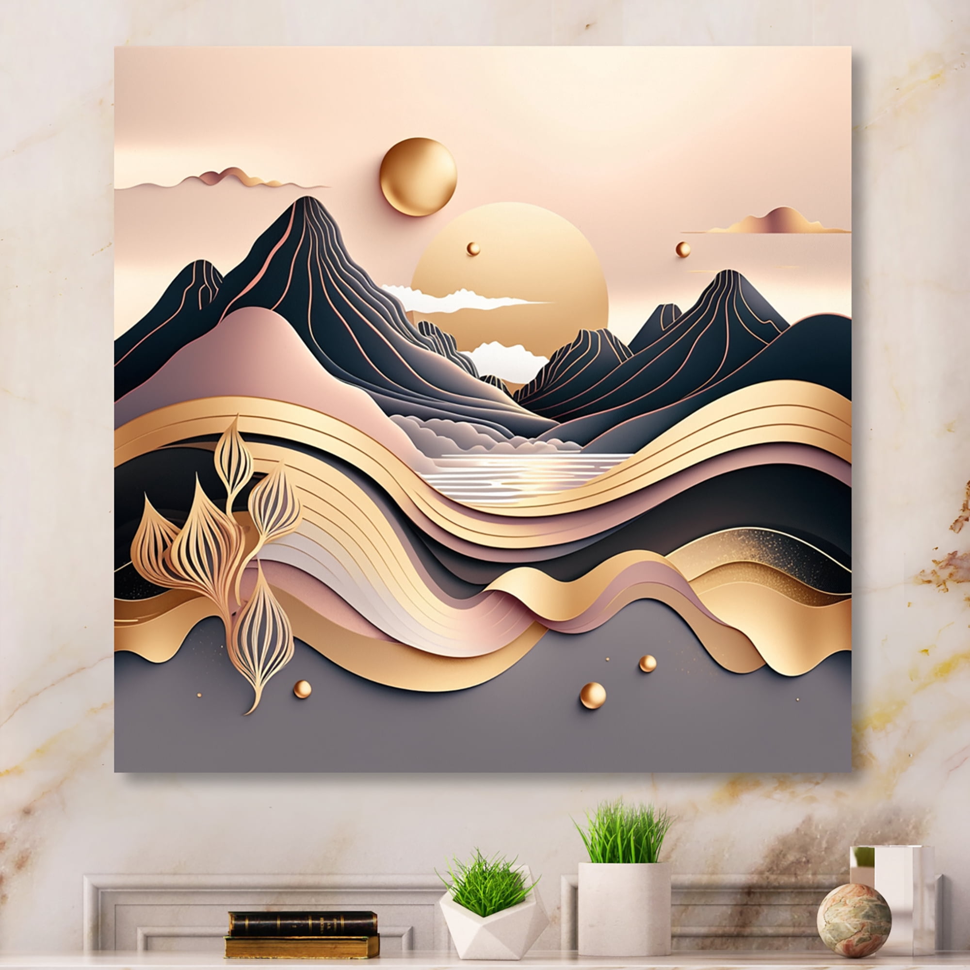 Designart "Metallic Beach View Gold III" Minimalism Landscape Metal ...