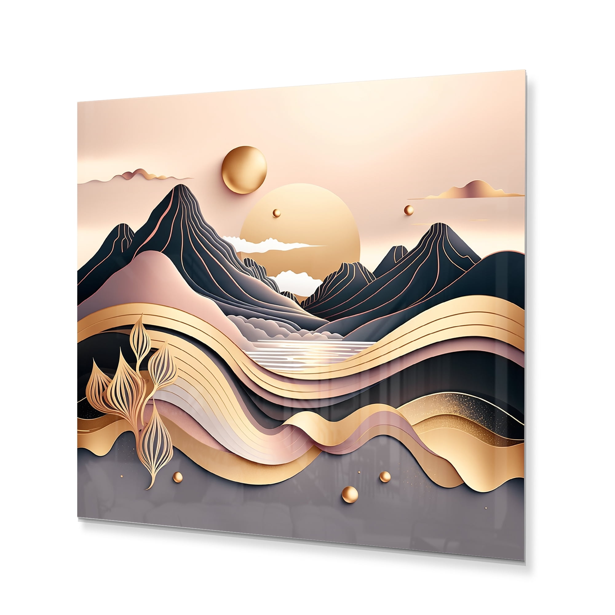 Designart "Metallic Beach View Gold III" Minimalism Landscape Metal ...