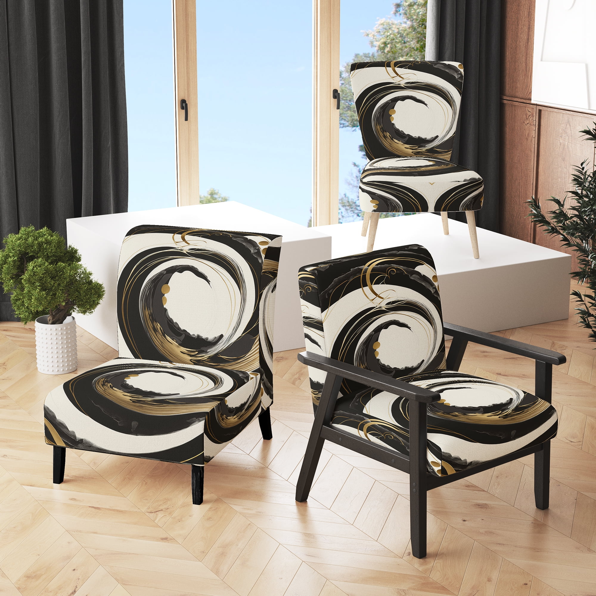 Designart "Metallic Swirling Blend II" Black Swirl Upholstered Accent ...