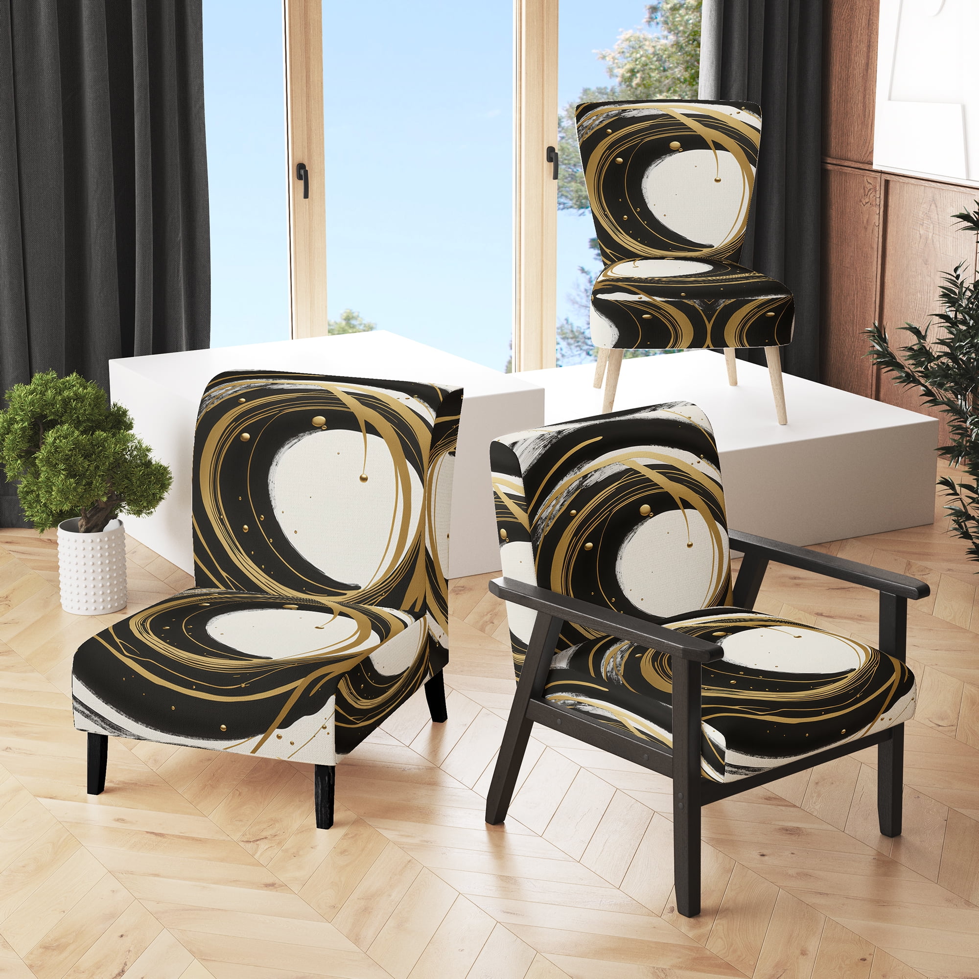 Designart "Metallic Swirling Blend III" Black Swirl Upholstered Accent ...