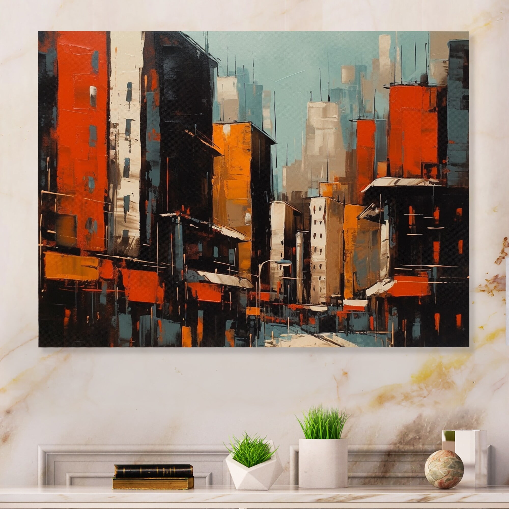 Designart "Metropolitan Marvels in Orange and Yellow" City Architecture ...