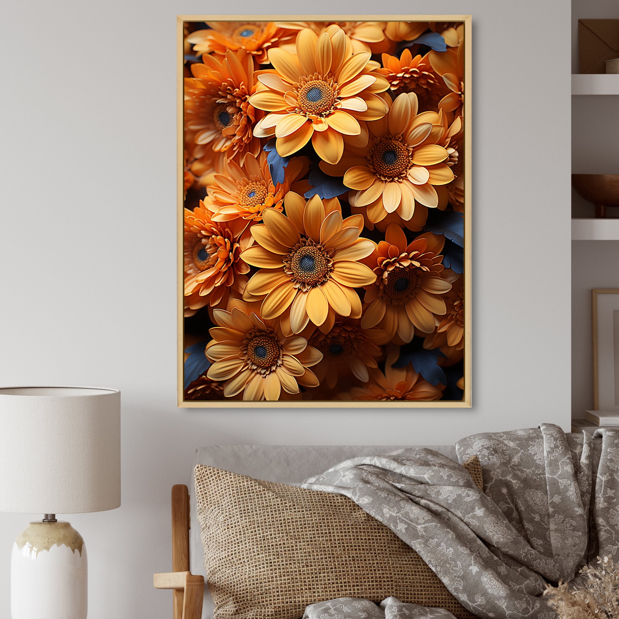 Designart "Mexican Sunflowers Vibrant Art in Orange and Blue II" Floral ...