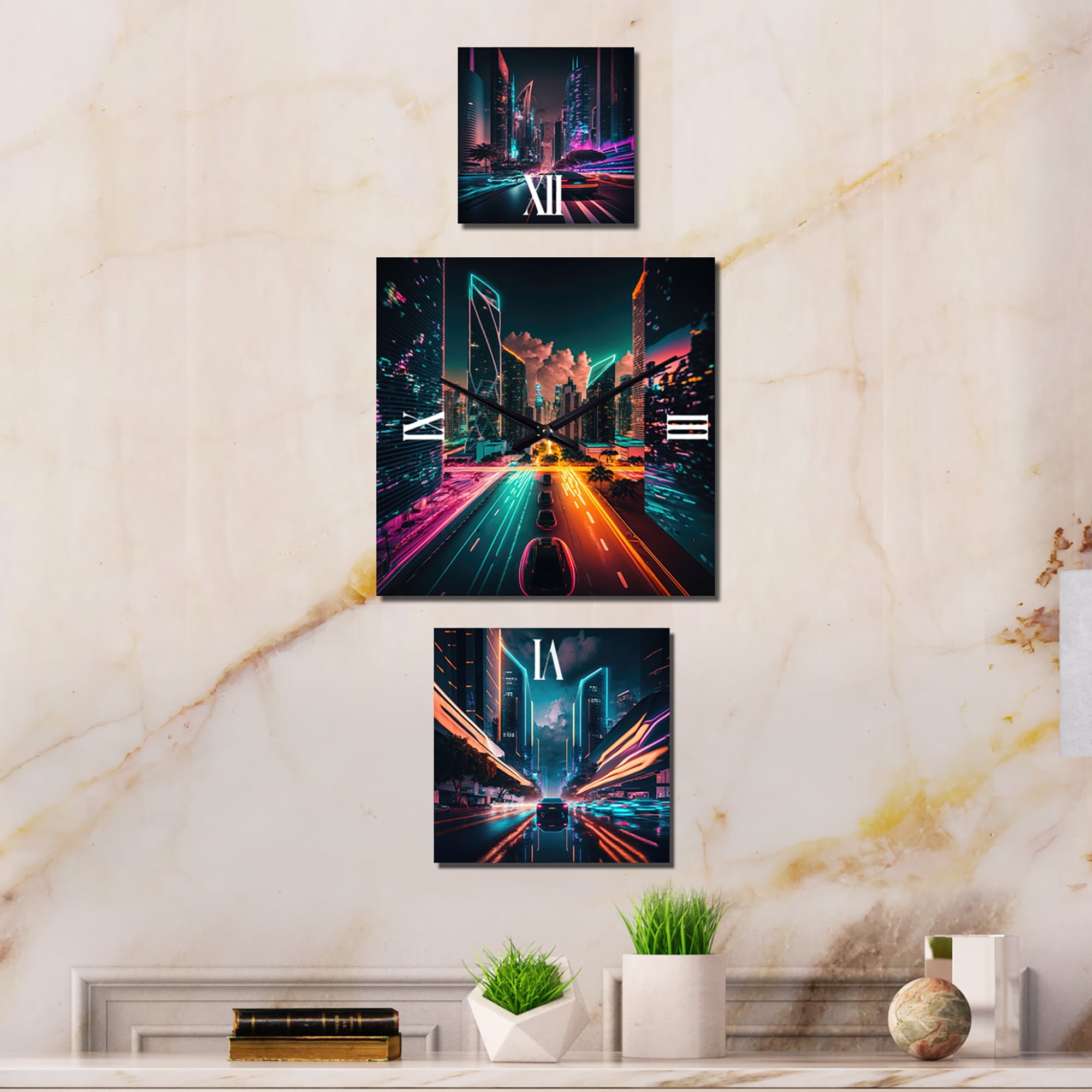 Designart "Miami s Futuristic Neon Art II" City Oversized Wall Clock ...