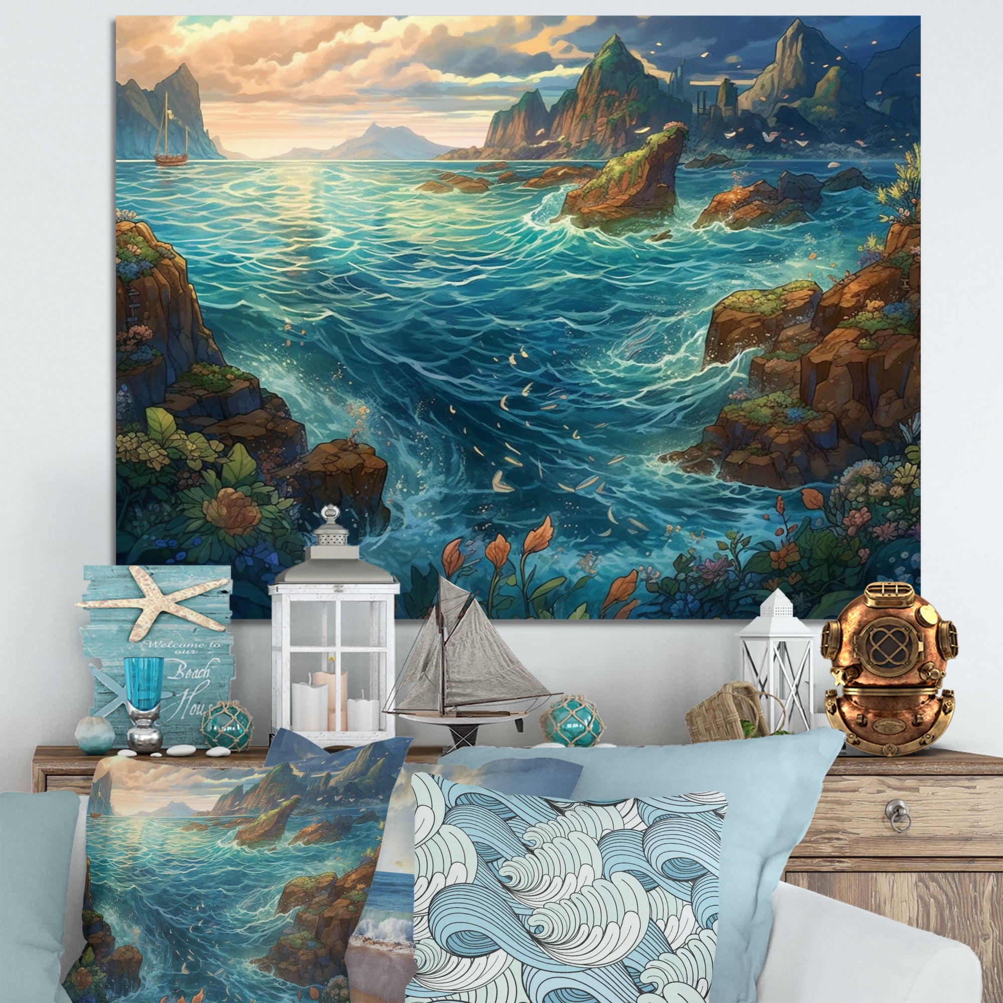 Designart "Middle Of The Ocean I" Modern Landscape Beach Wall Art For ...