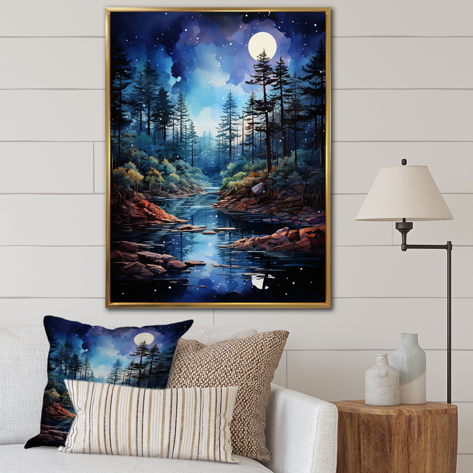 Designart "Midnight Serenity Blue Pine Tree Landscape I" Floral Floater ...