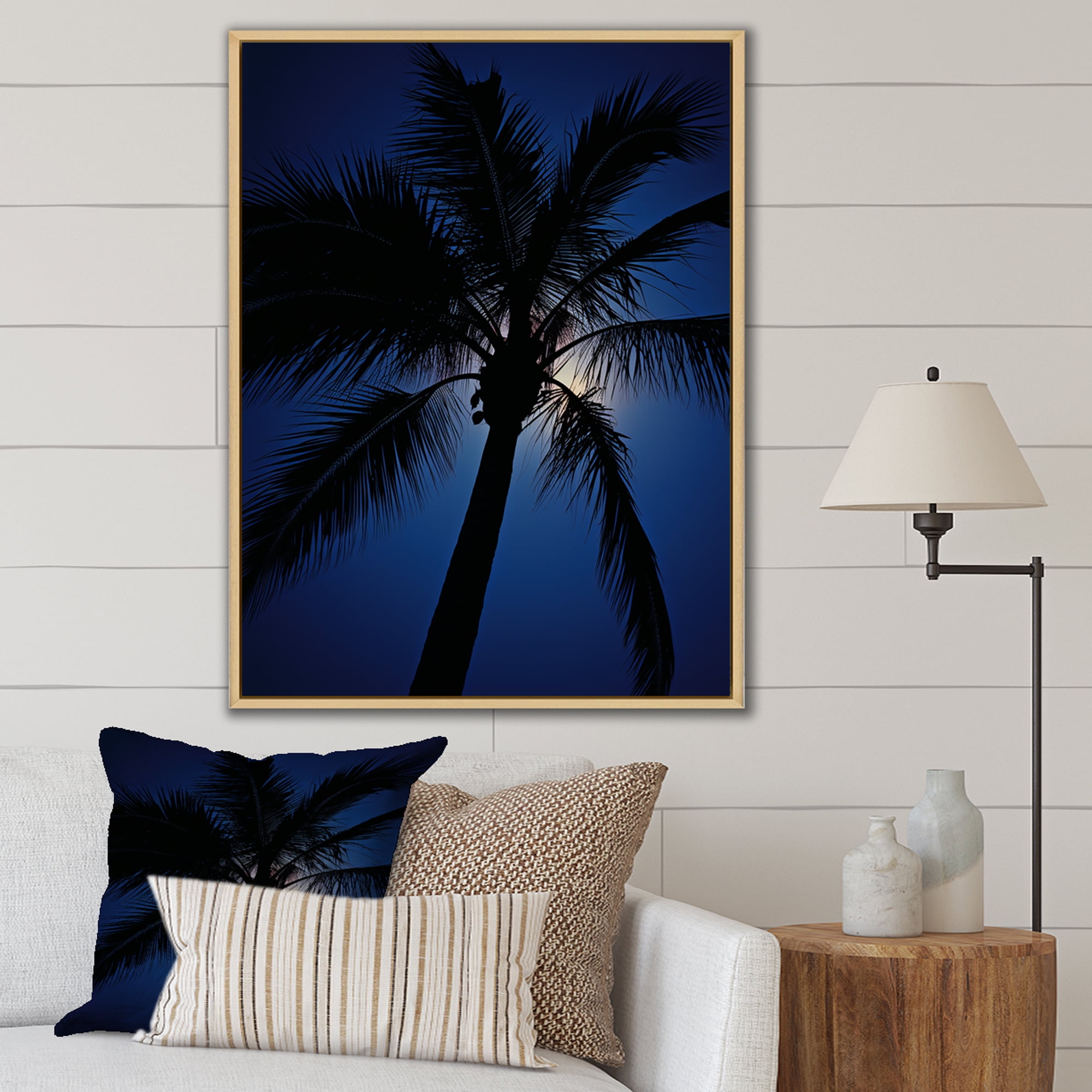 Designart "Midnight Serenity With Sapphire Solitude Palm" Palms & Palm Trees Floater Framed Wall ...