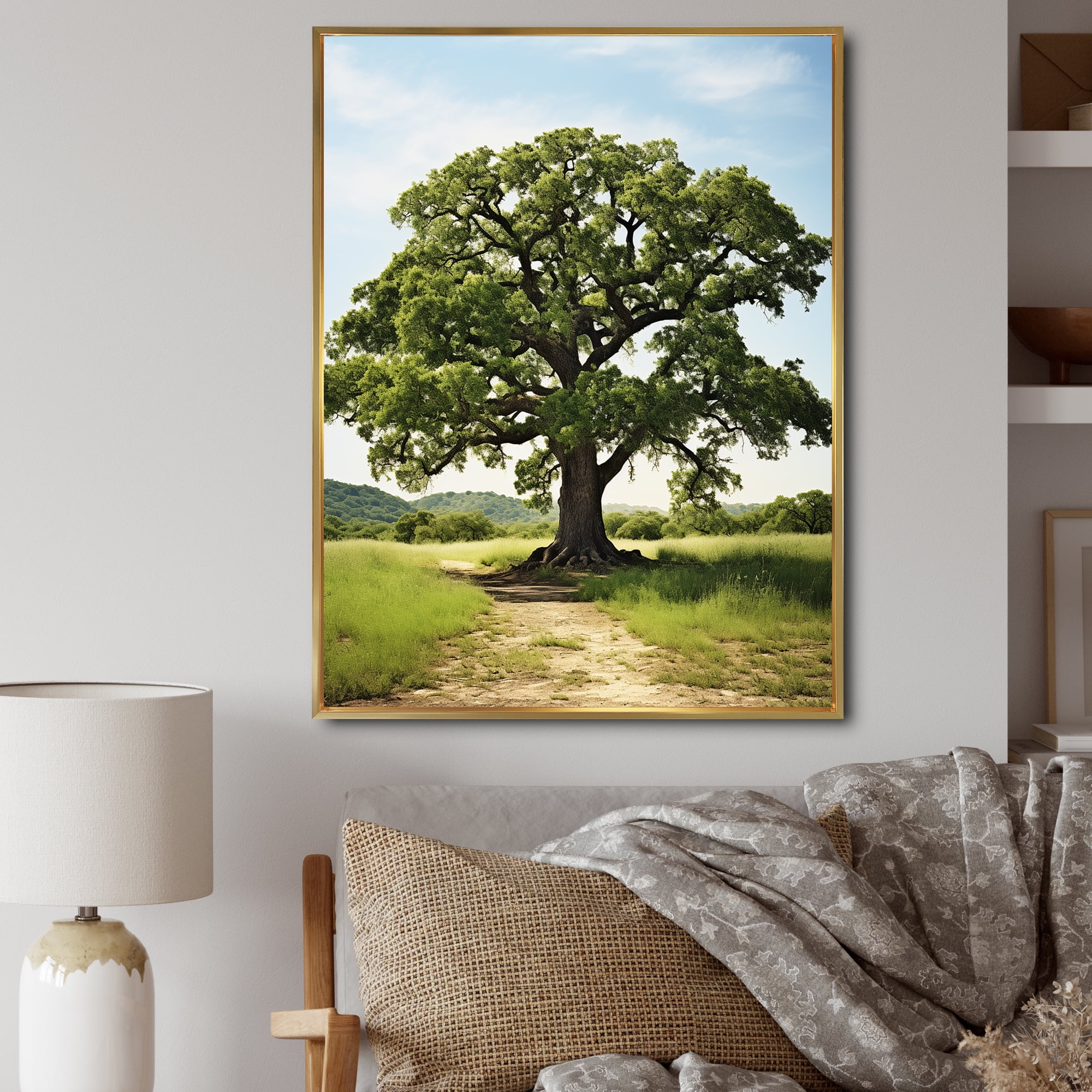 Designart "Mighty Oak Trees Green Oak" Landscape Trees Floater Framed ...
